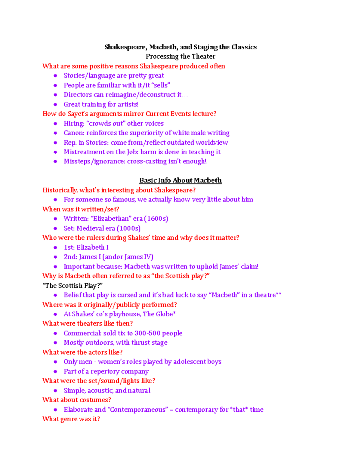 Thea 102 - Shakespeare, Macbeth, Staging - Shakespeare, Macbeth, and Staging the Classics ...