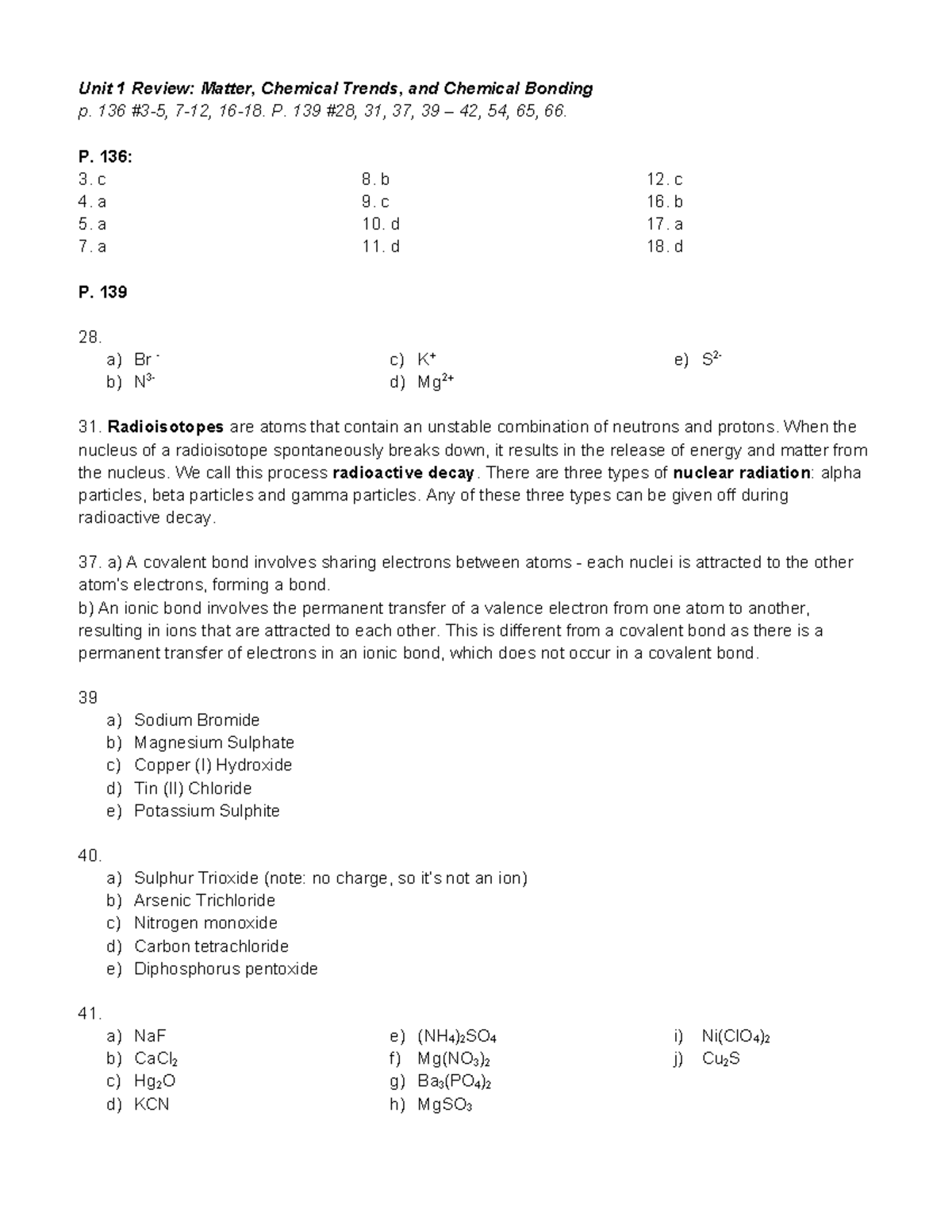 Unit 1 Review Matter, Chemical Trends, and Chemical Bonding Answer Key ...