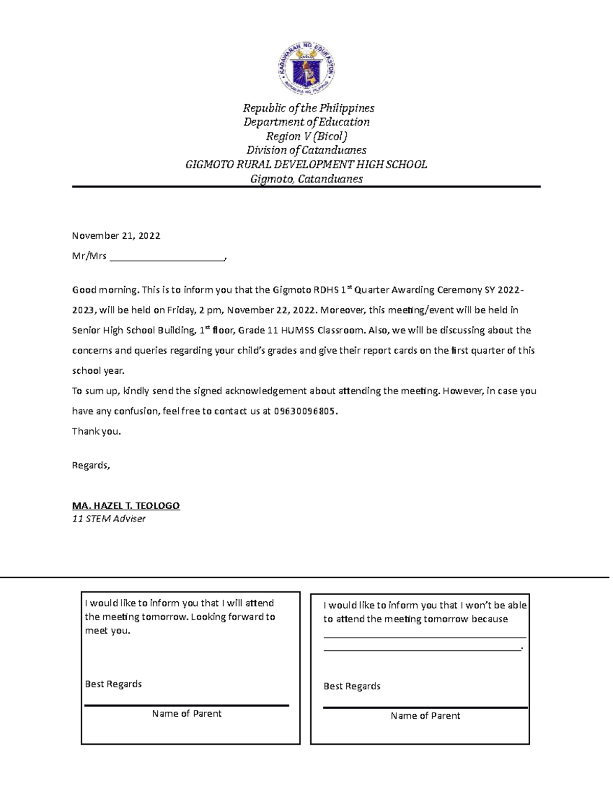Letter to the parents - Republic of the Philippines Department of ...