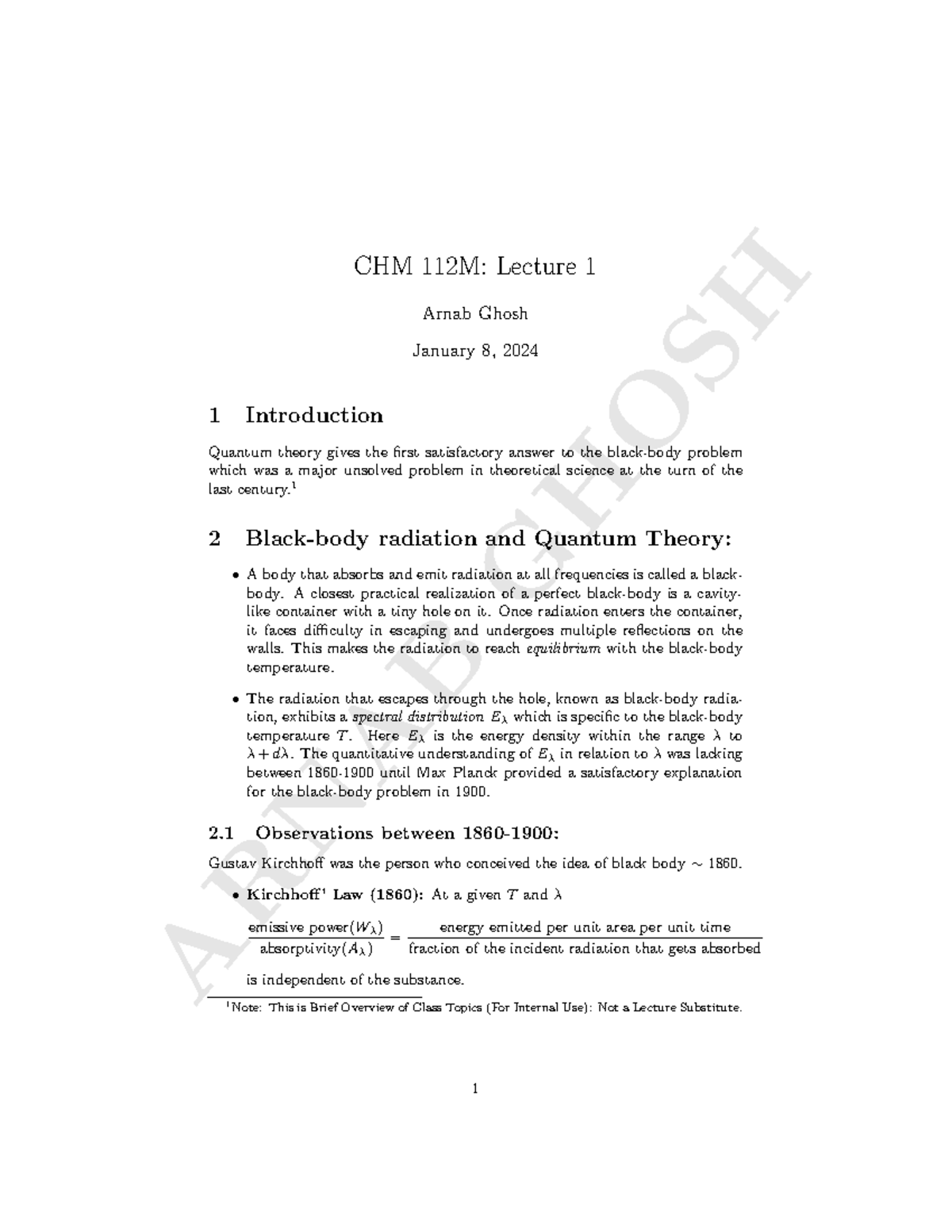 Chemistry Notes 2023 - ARNAB GHOSH CHM 112M: Lecture 1 Arnab Ghosh ...