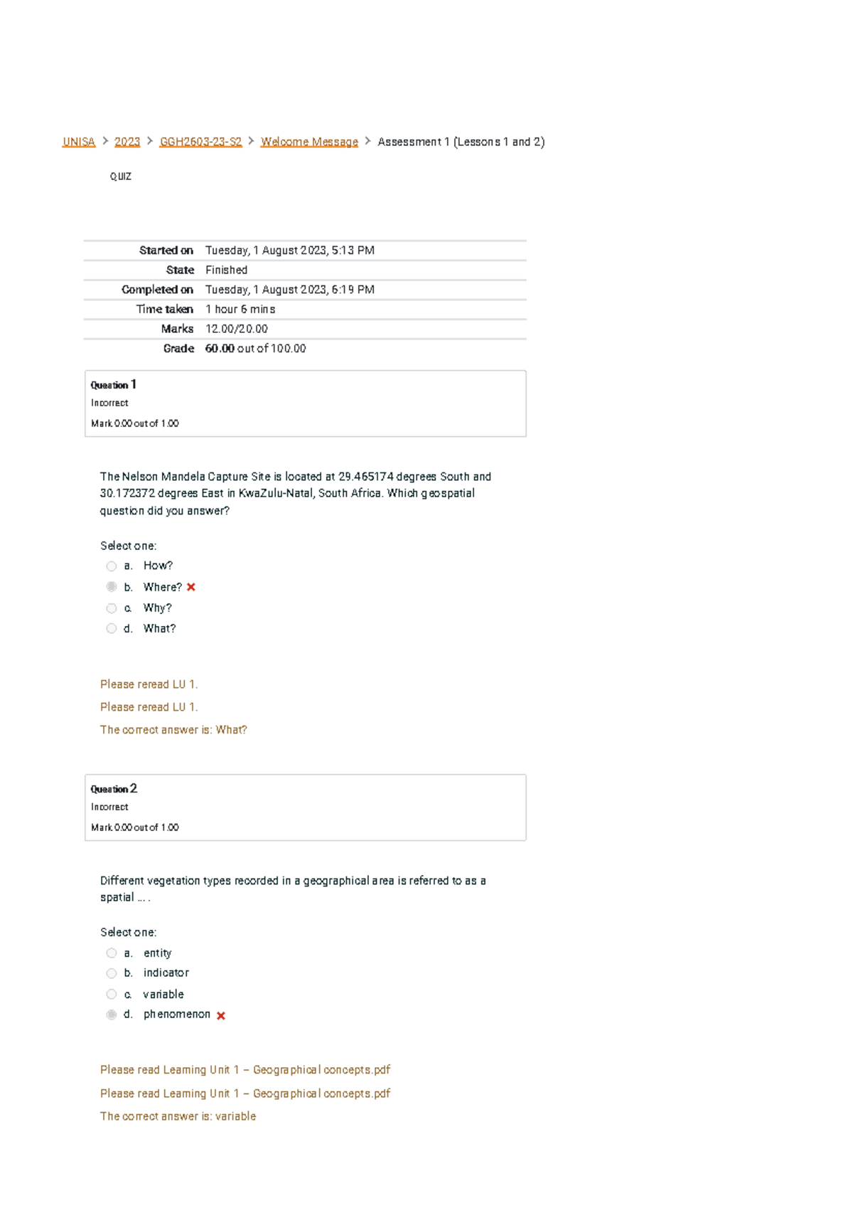 Assessment 1 (Lessons 1 and 2) Attempt review - UNISA 2023 GGH2603-23-S2 Welcome Message - Studocu