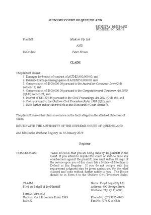 Example 2 Statement of Claim Tutorial 3 - Warning: TT: undefined ...