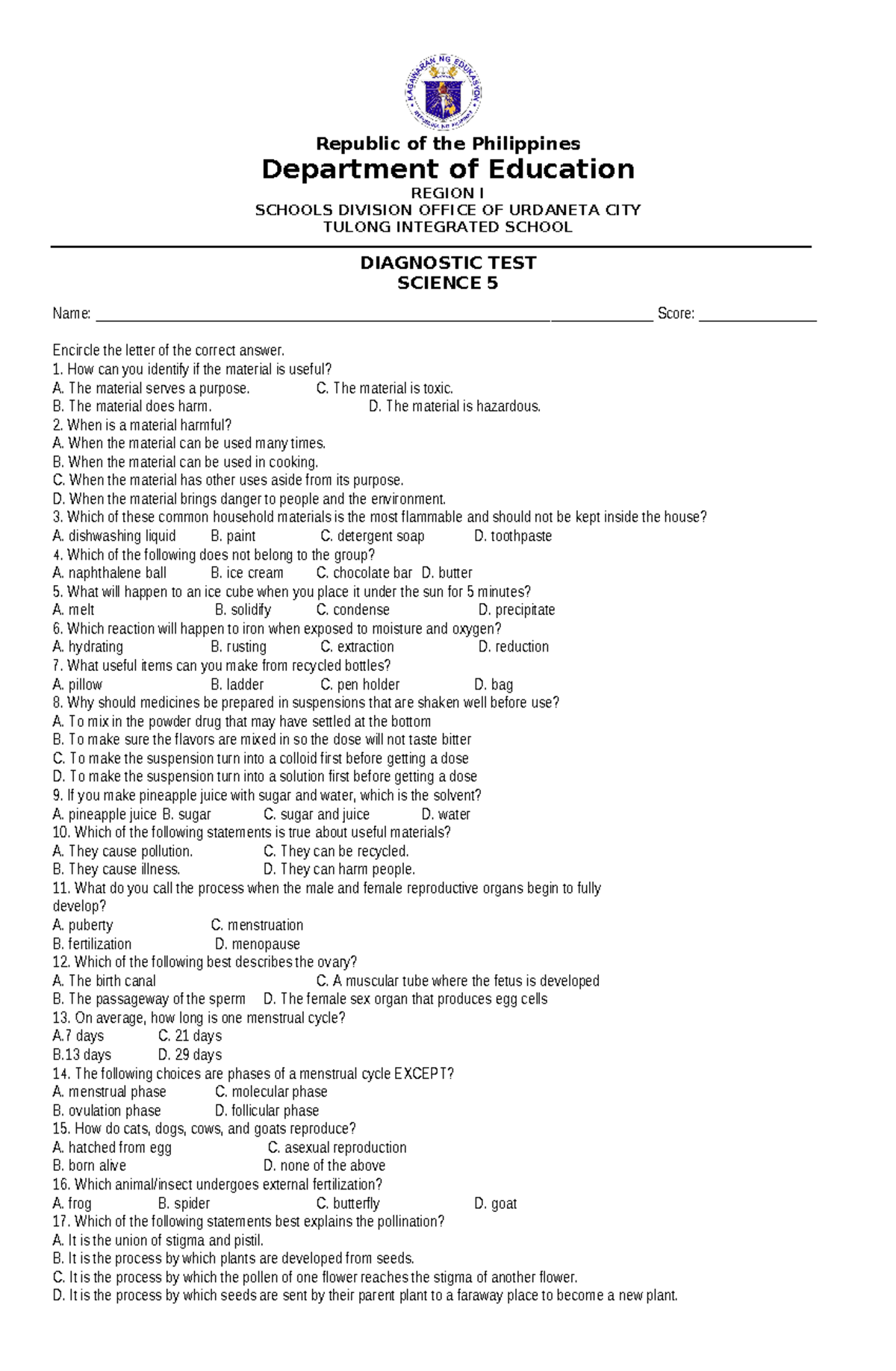 Diagnostic TEST Science 5 2024-2025 - Republic of the Philippines ...