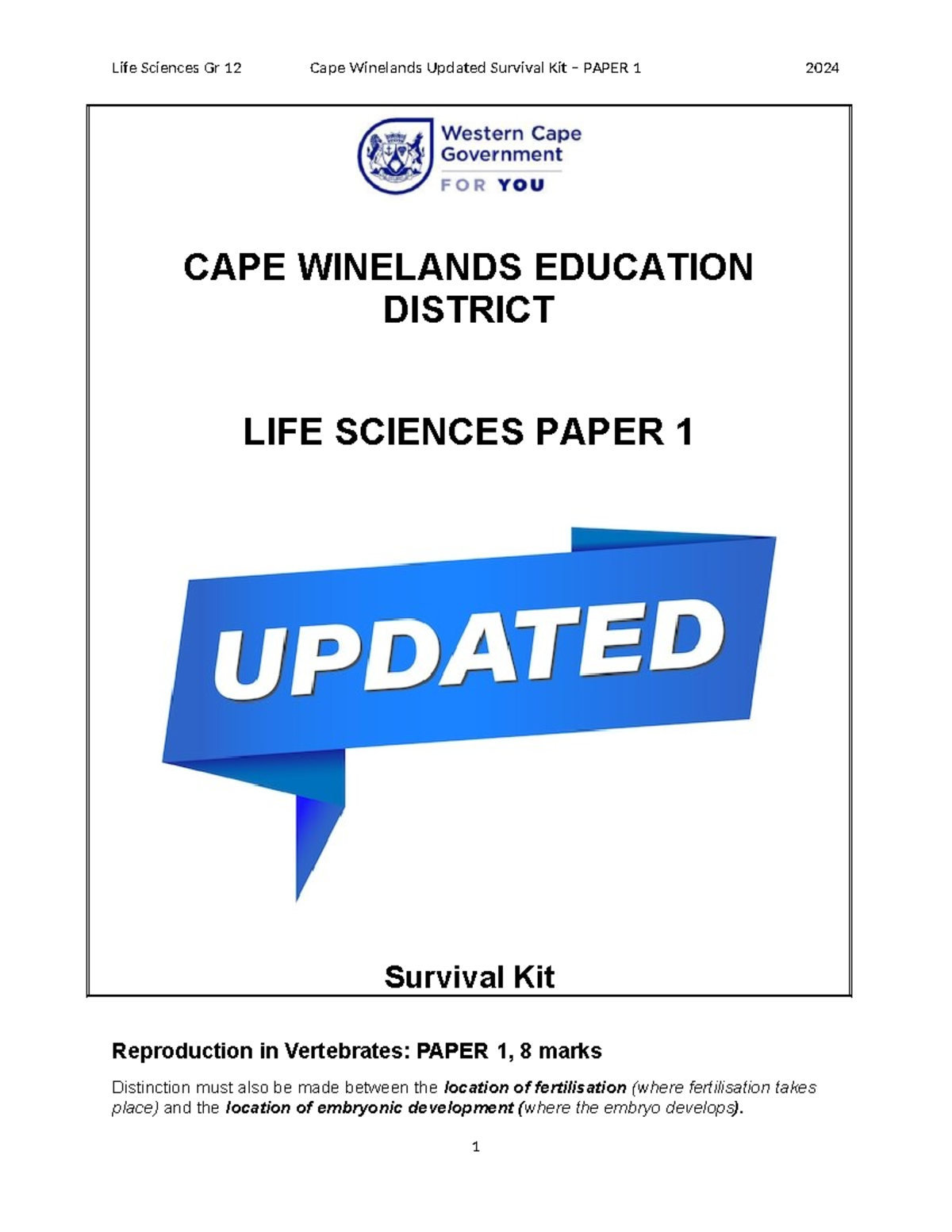 Updated Life Sciences Survival Kit Paper 1 2024 - Reproduction in ...
