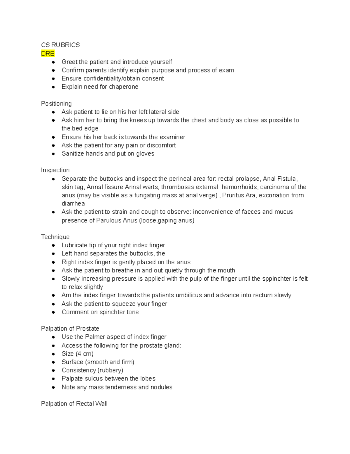 CS Rubrics WK 1-7 - Rubric - CS RUBRICS DRE Greet the patient and ...