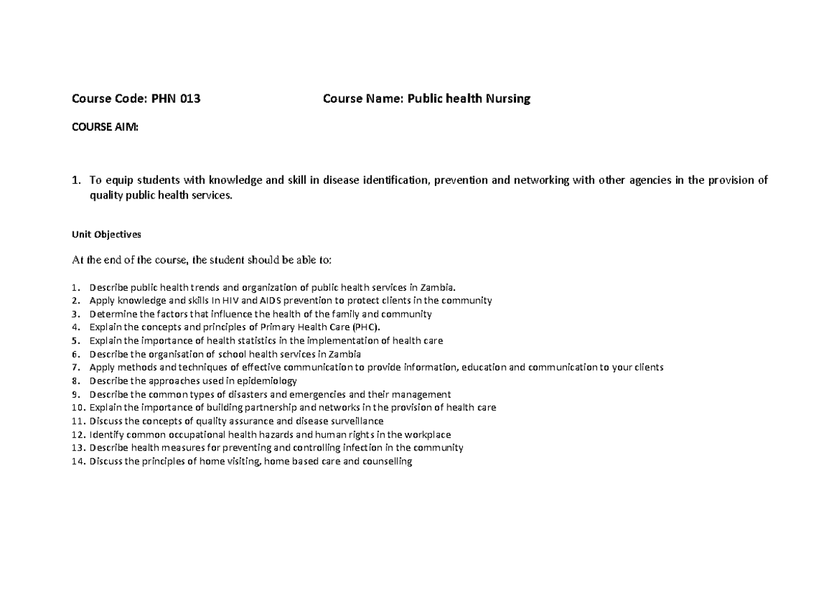 Public Health Nursing Outline - Course Code: PHN 013 Course Name ...