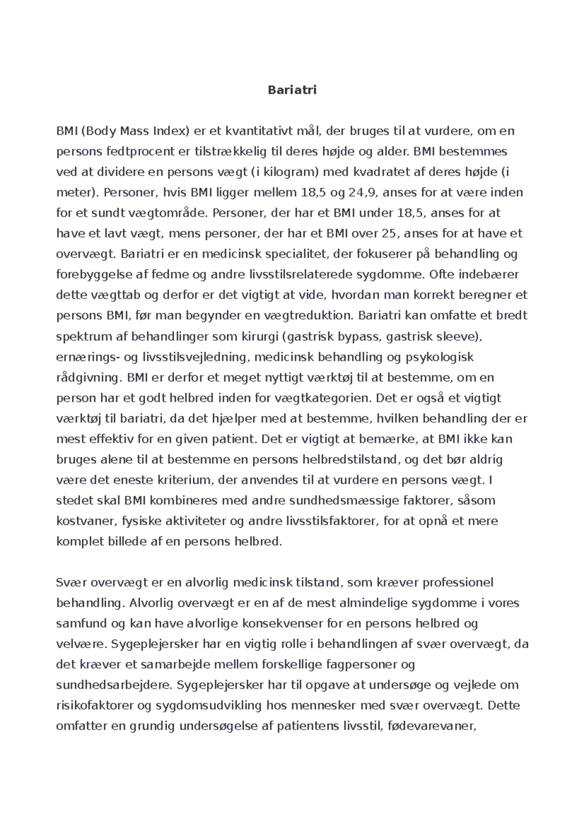 Bariatri - Noter og opgave til den overvægtige patient og overvejelser ...