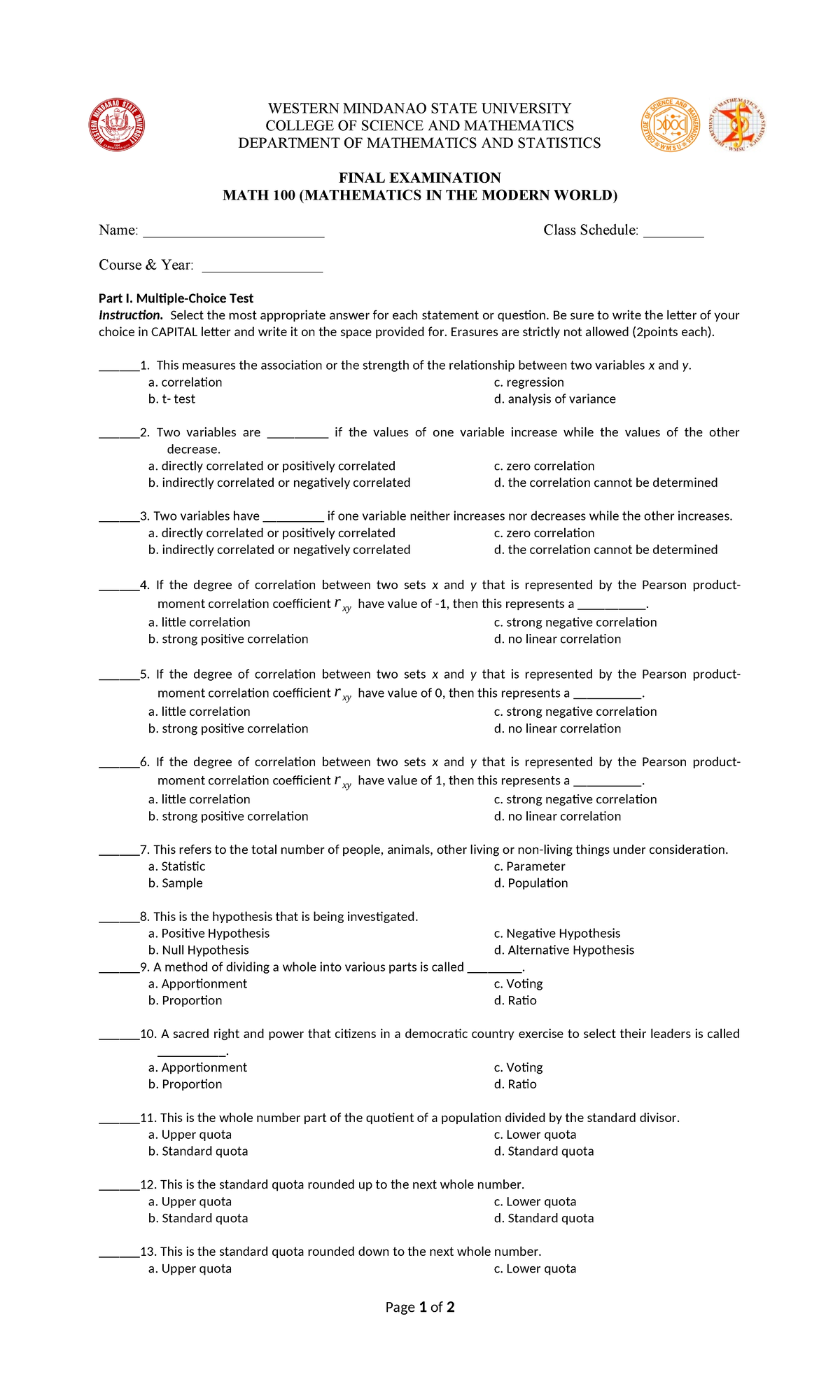 MMW-final exam - Final Exam - WESTERN MINDANAO STATE UNIVERSITY COLLEGE OF SCIENCE AND ...