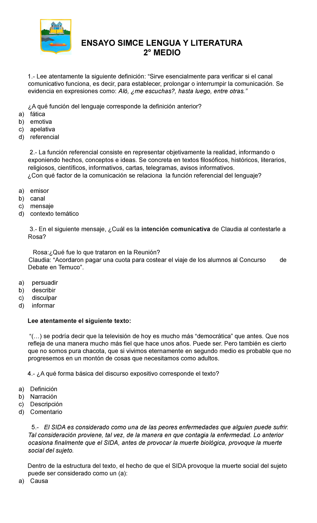 390192133 Ensayo Simce Lenguaje 2 Medio - ENSAYO SIMCE LENGUA Y LITERATURA 2° MEDIO 1.- Lee ...