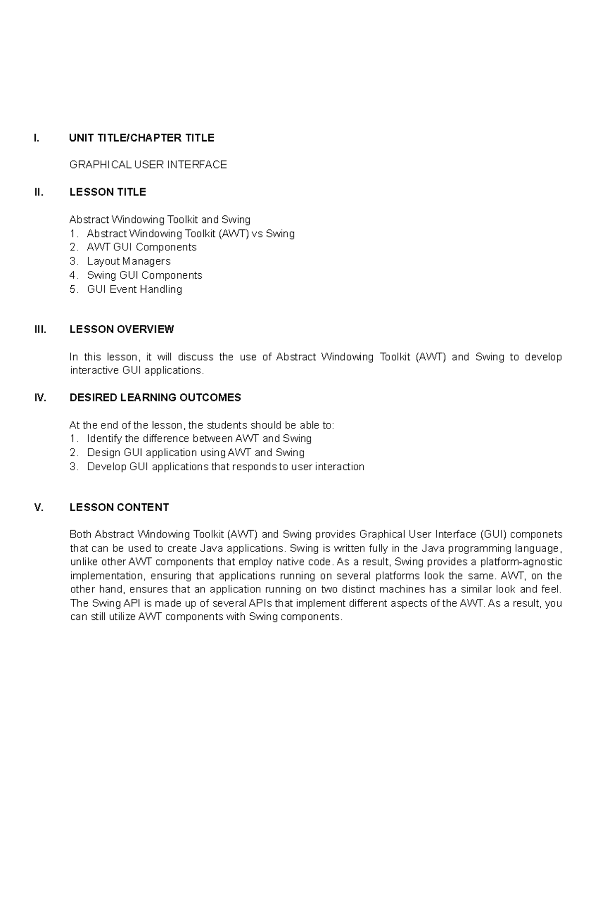 Abstract Windowing Toolkit and Swing - I. UNIT TITLE/CHAPTER TITLE ...