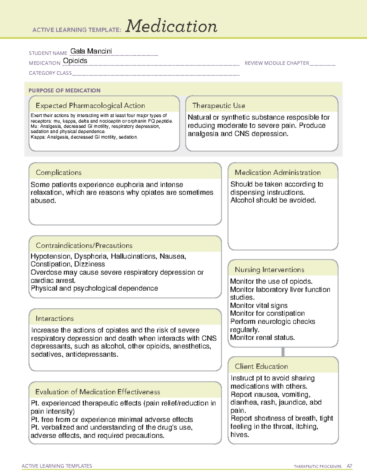 Opiods med template - ACTIVE LEARNING TEMPLATES THERAPEUTIC PROCEDURE A ...