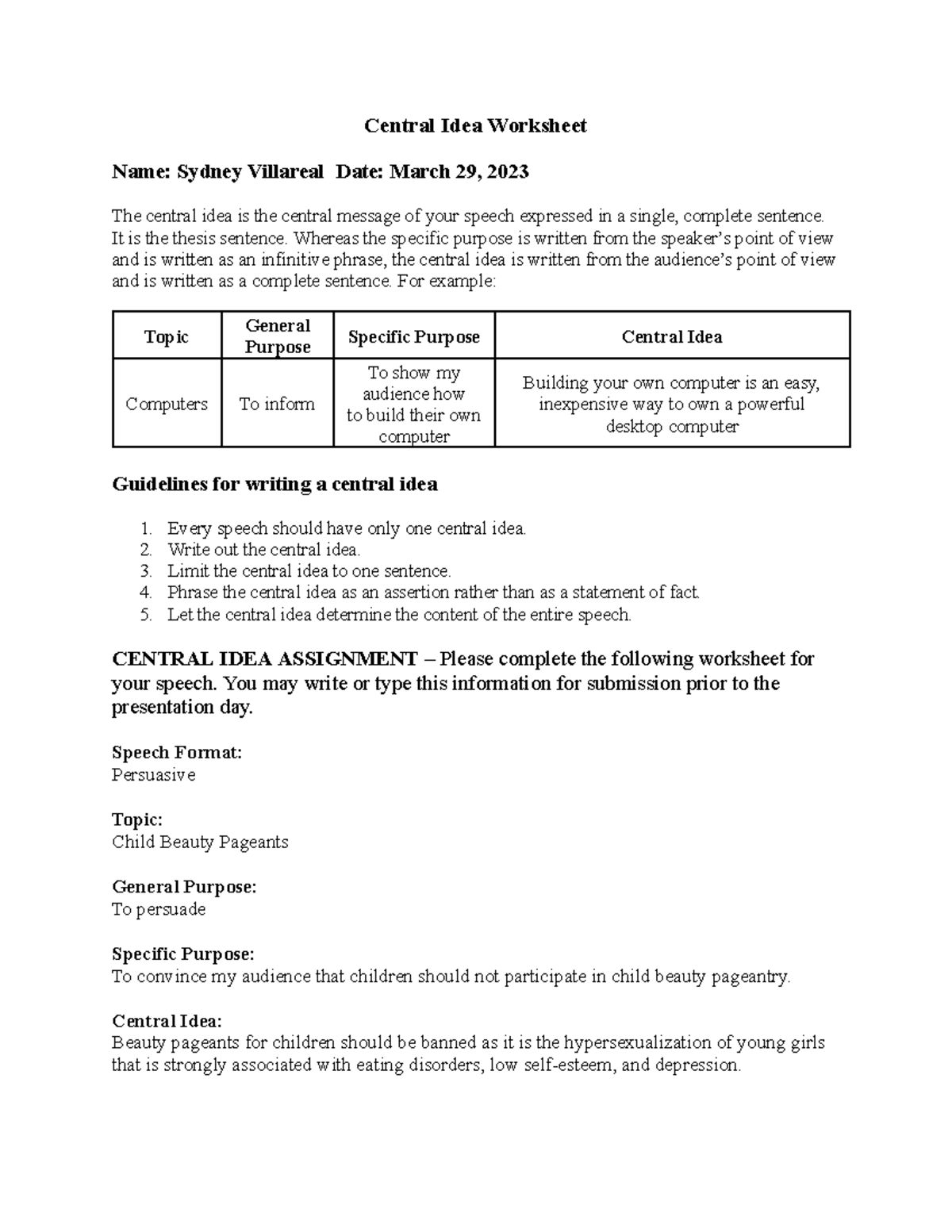 Central Idea Worksheet 2 docx Central Idea Worksheet Name Sydney