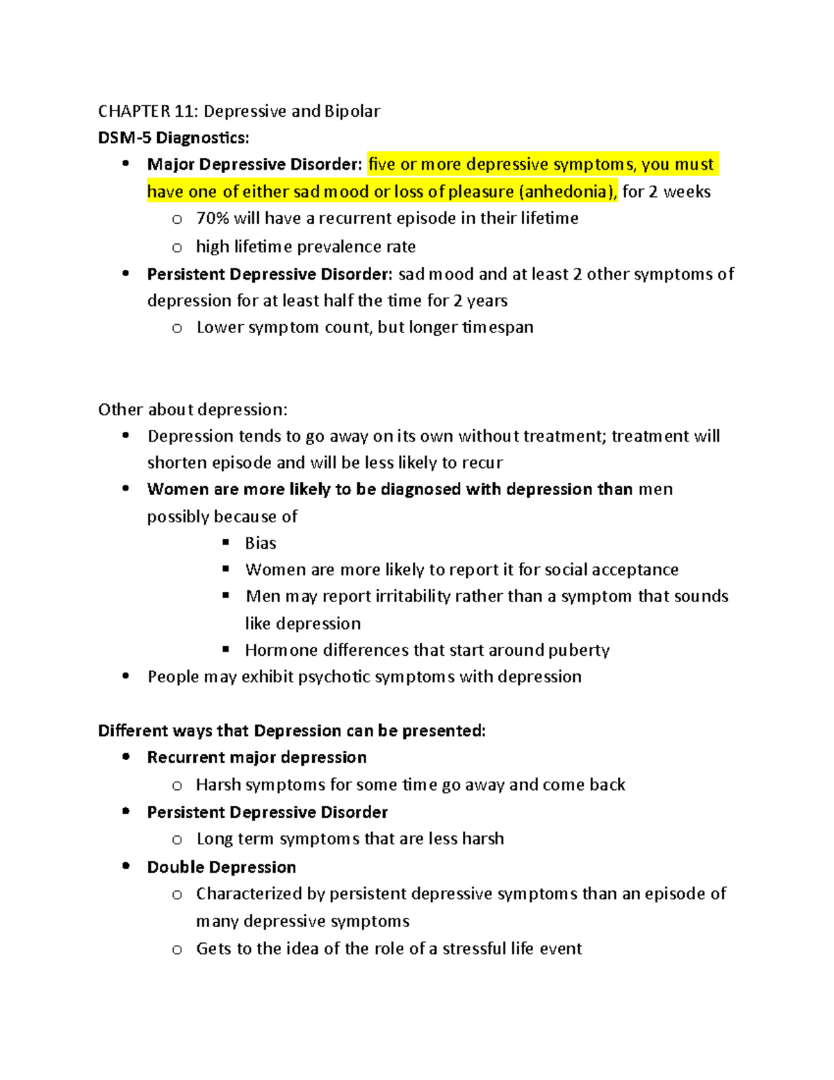 Psychopathology Chapter 11 - CHAPTER 11: Depressive and Bipolar DSM-5 ...