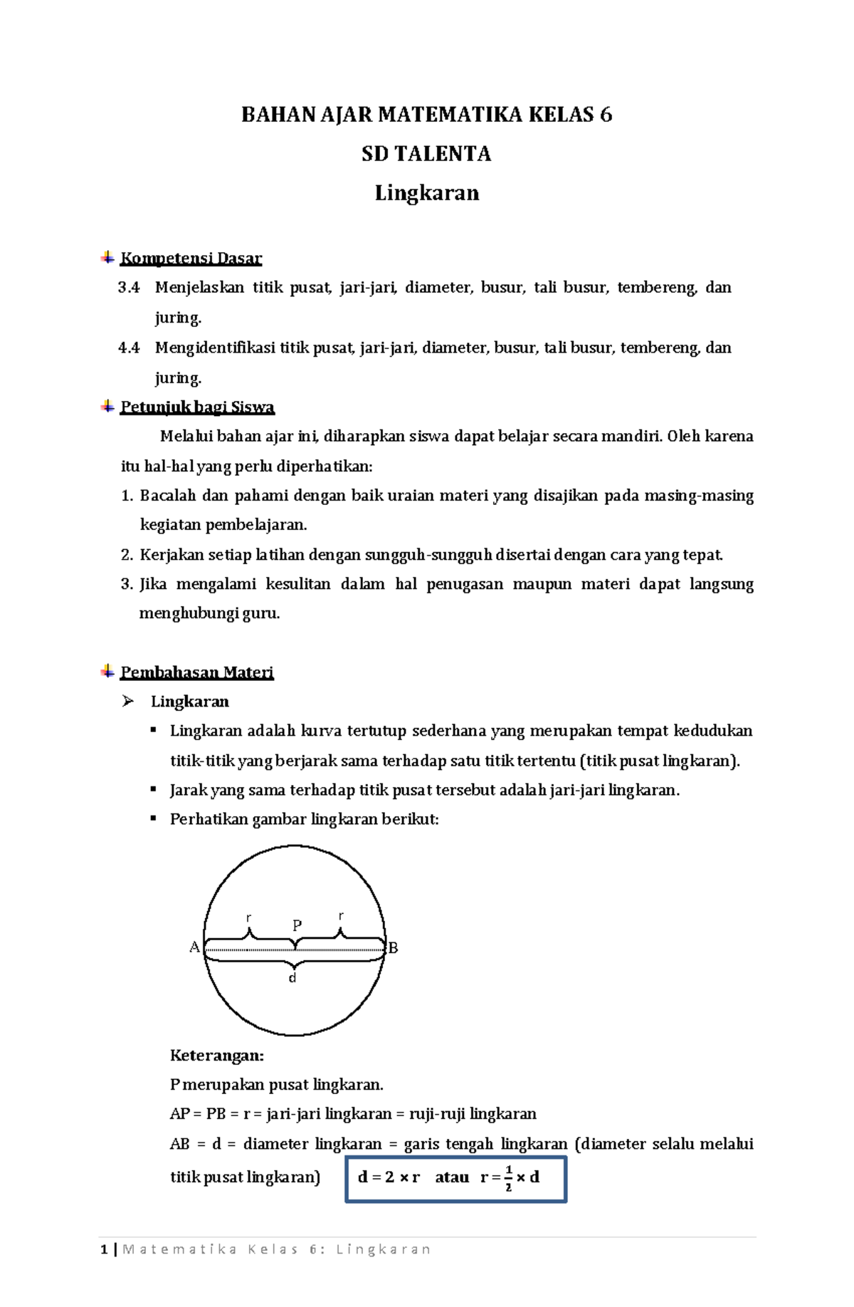 Bahan Ajar Matematika Kelas 6 Tema 5 Lingkaran - BAHAN AJAR MATEMATIKA ...