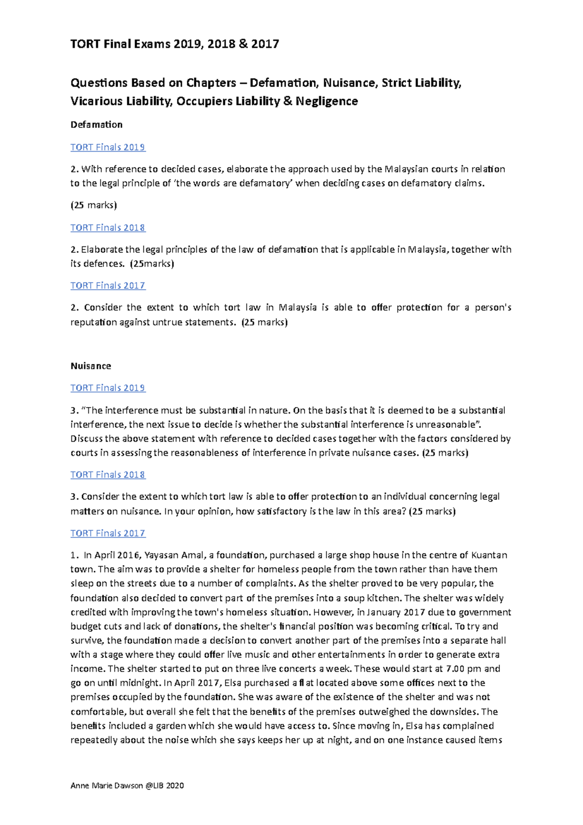 Tort FInals 3years - Questions Based on Chapters – Defamation, Nuisance ...
