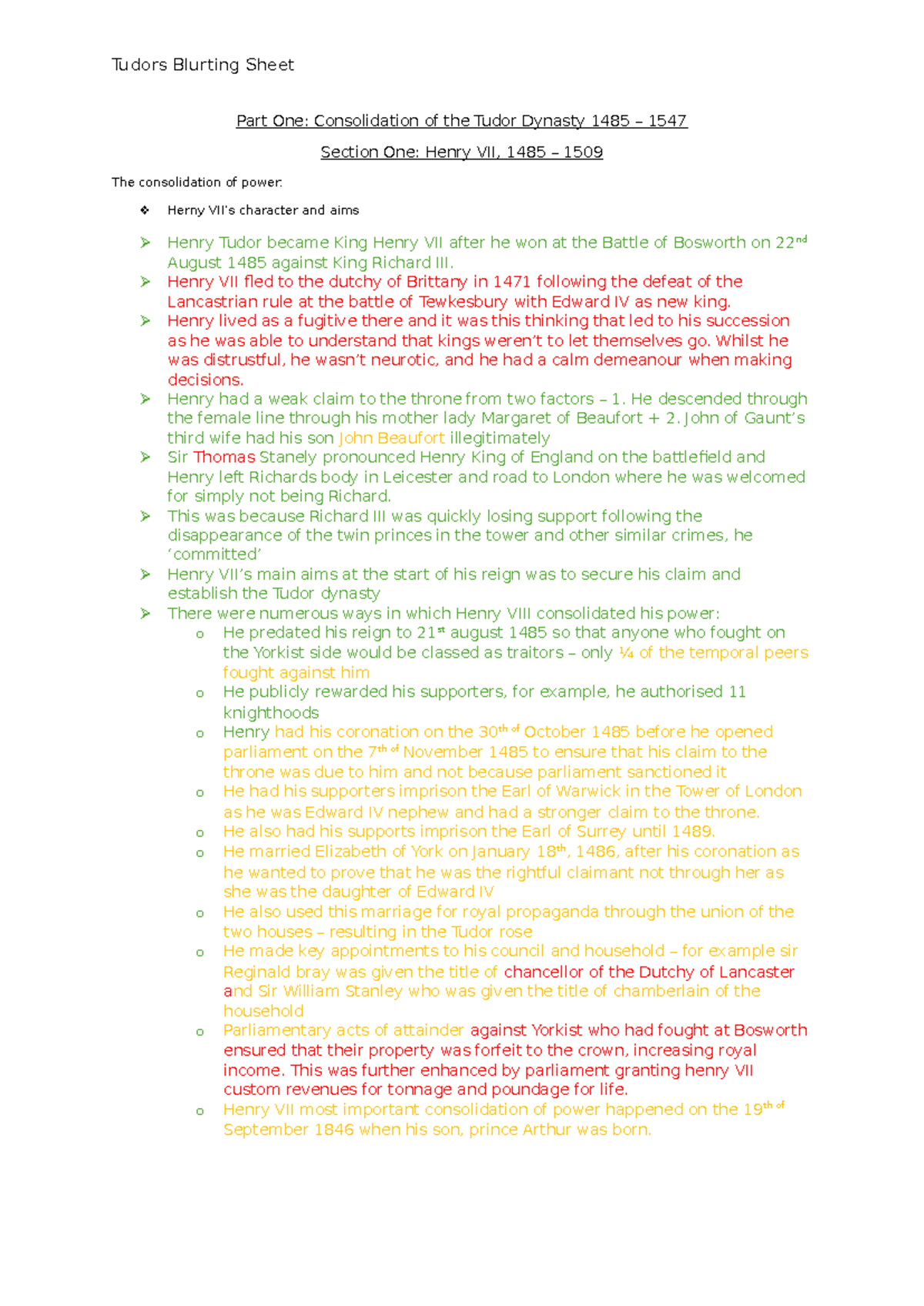 Tudors Blurting Sheet - Part One: Consolidation of the Tudor Dynasty ...