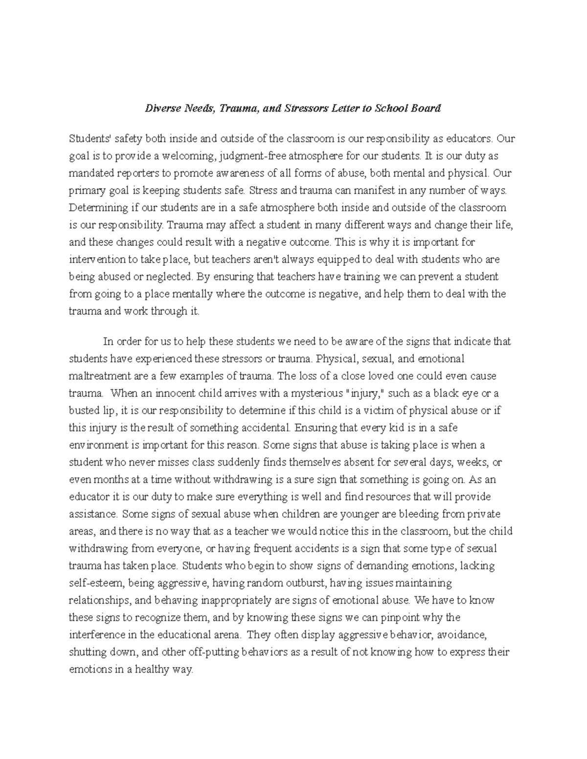 Diverse Needs Trauma and Stressors Letter to School Board - Our goal is ...