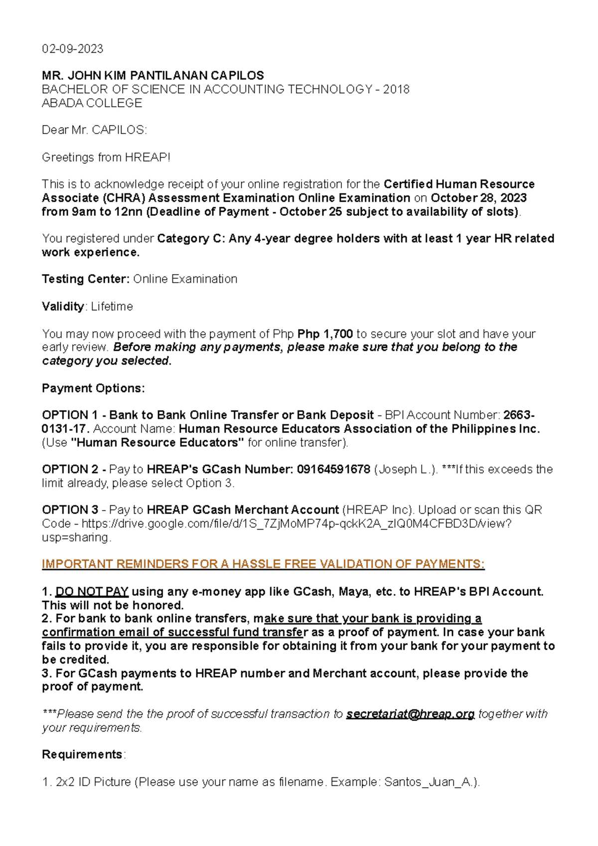 CHRA Registration and Payment - 02-09- MR. JOHN KIM PANTILANAN CAPILOS BACHELOR OF SCIENCE IN ...