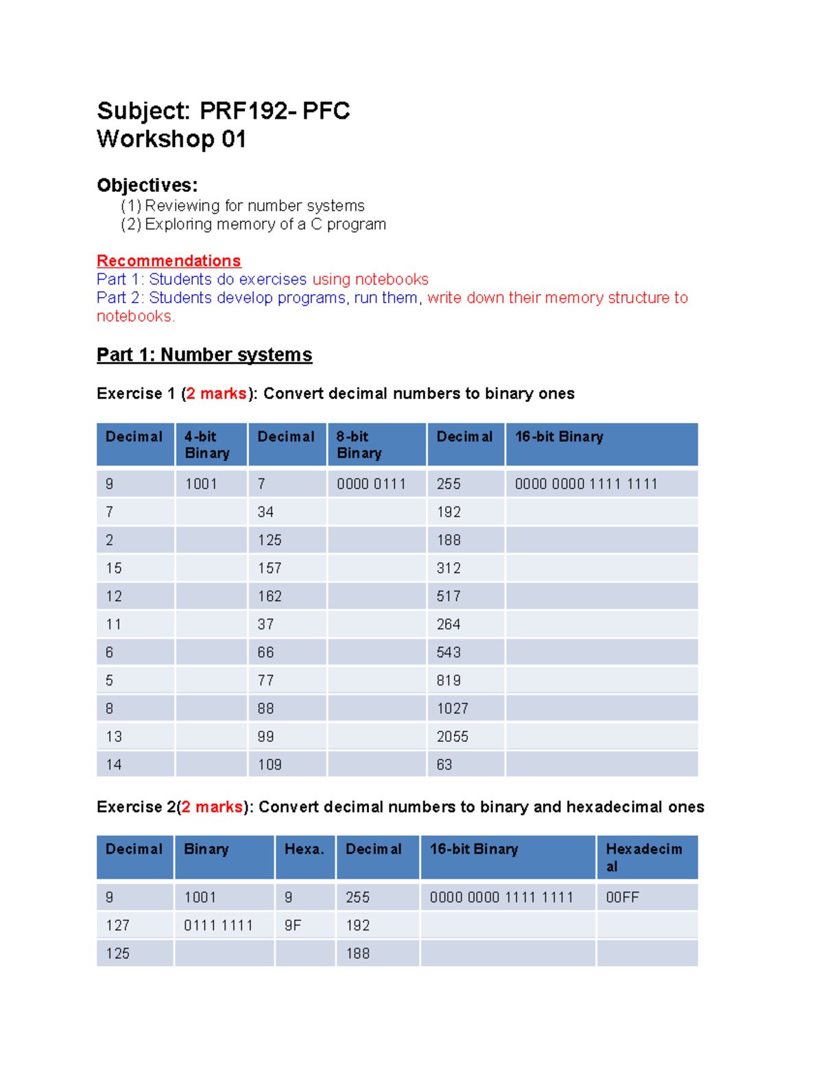 Workshop 01 - nfsezvdzezvc - Subject: PRF192- PFC Workshop 01 ...