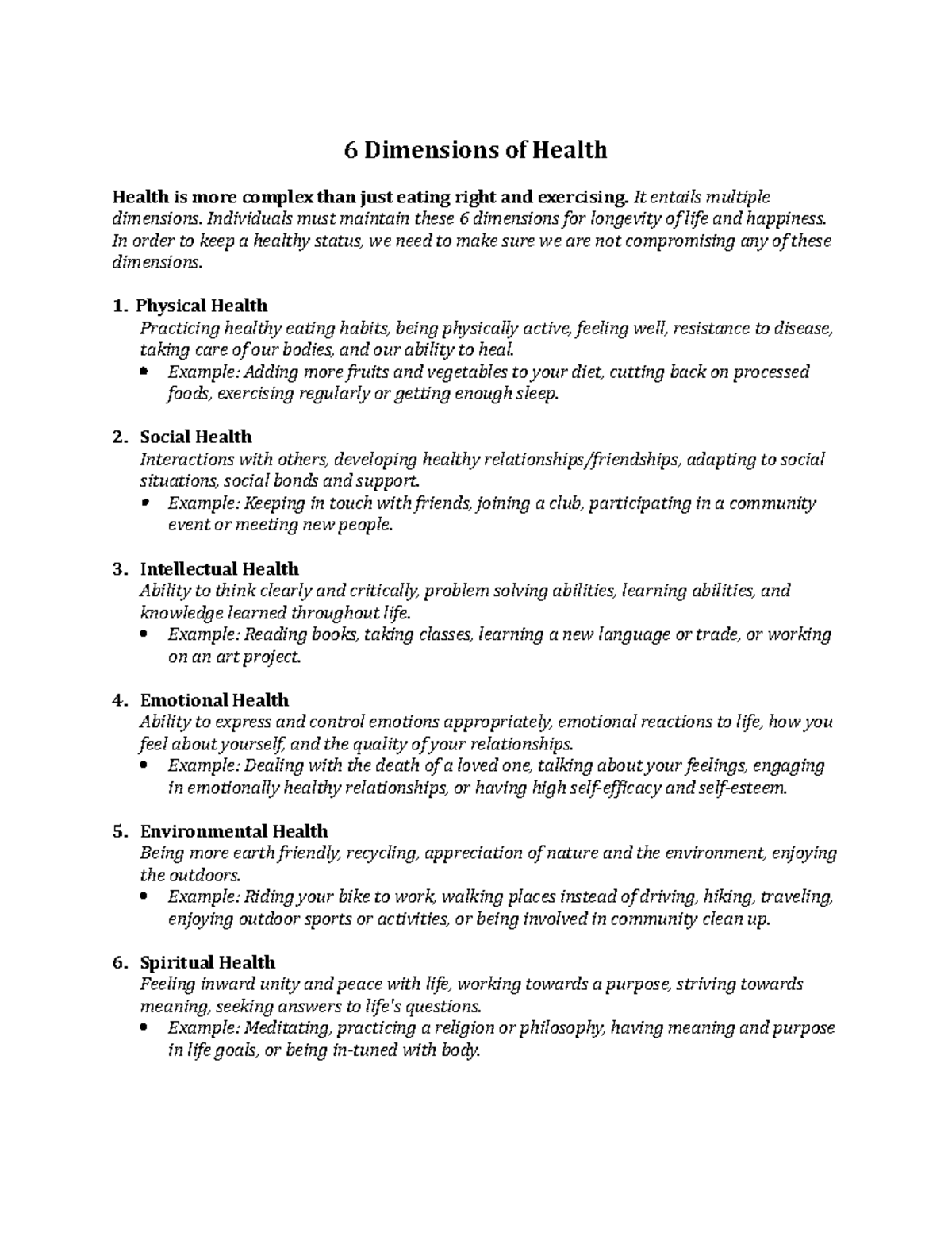 6 Dimensions of Health - super comprehensive Study Guide for first test ...