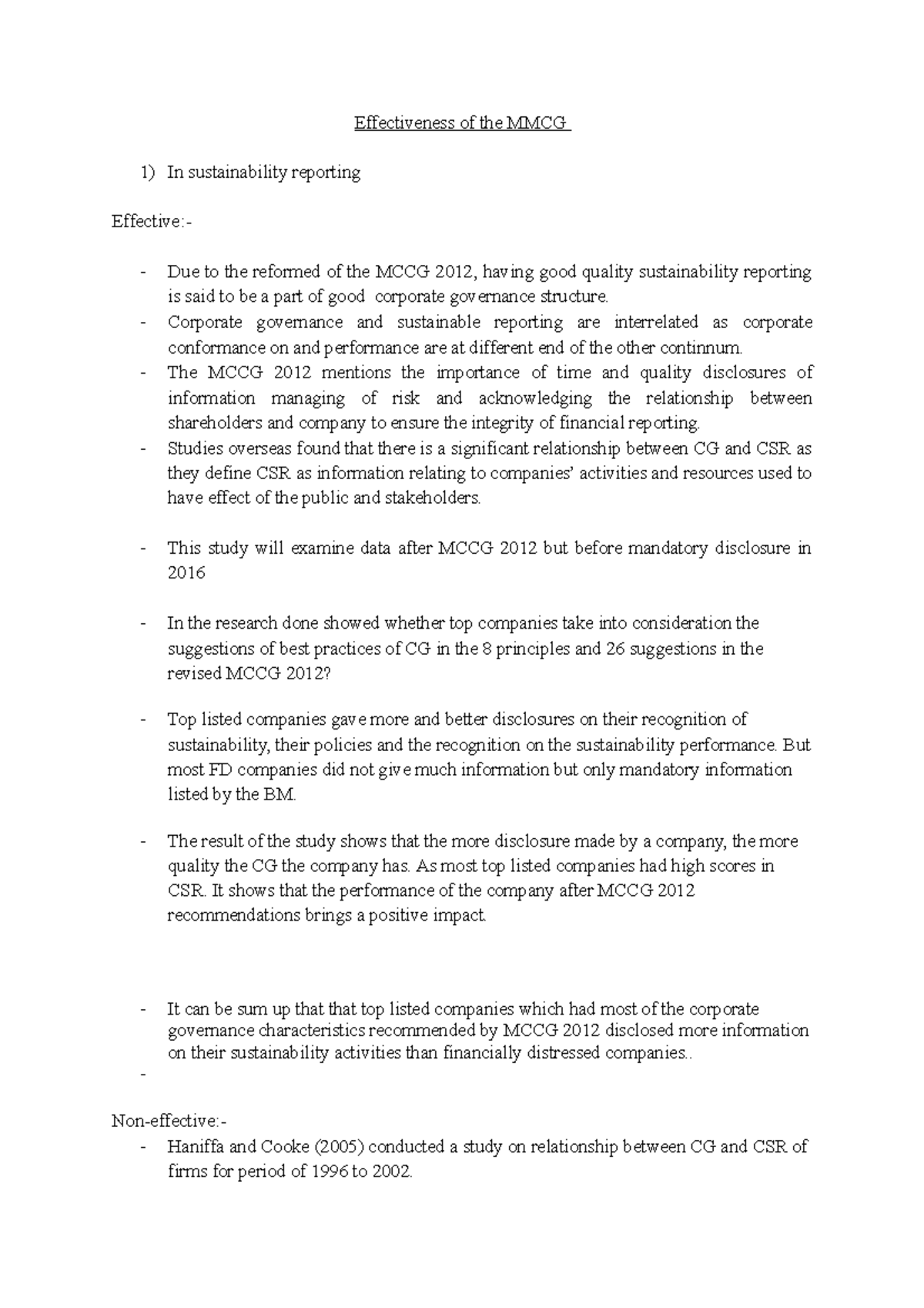 Effectiveness of the MMCG - Corporate governance and sustainable ...