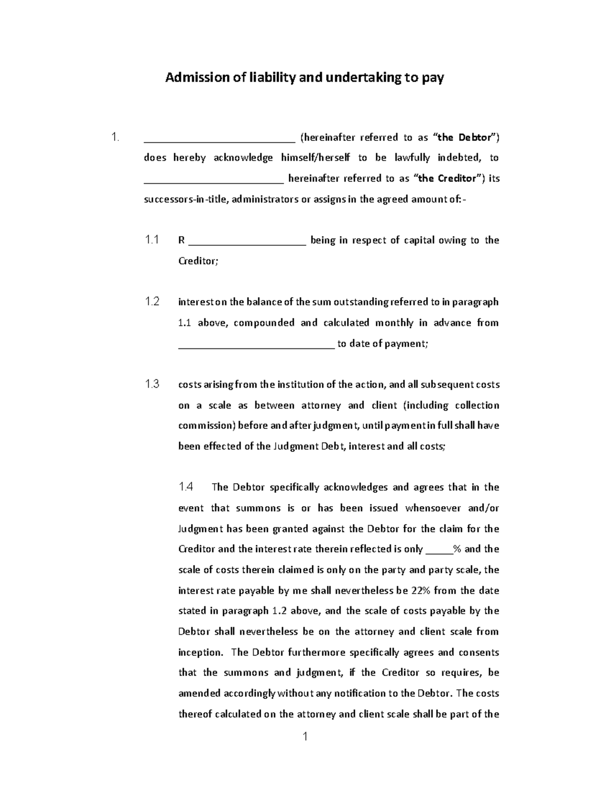 Acknowledgement of Debt - Admission of liability and undertaking to pay