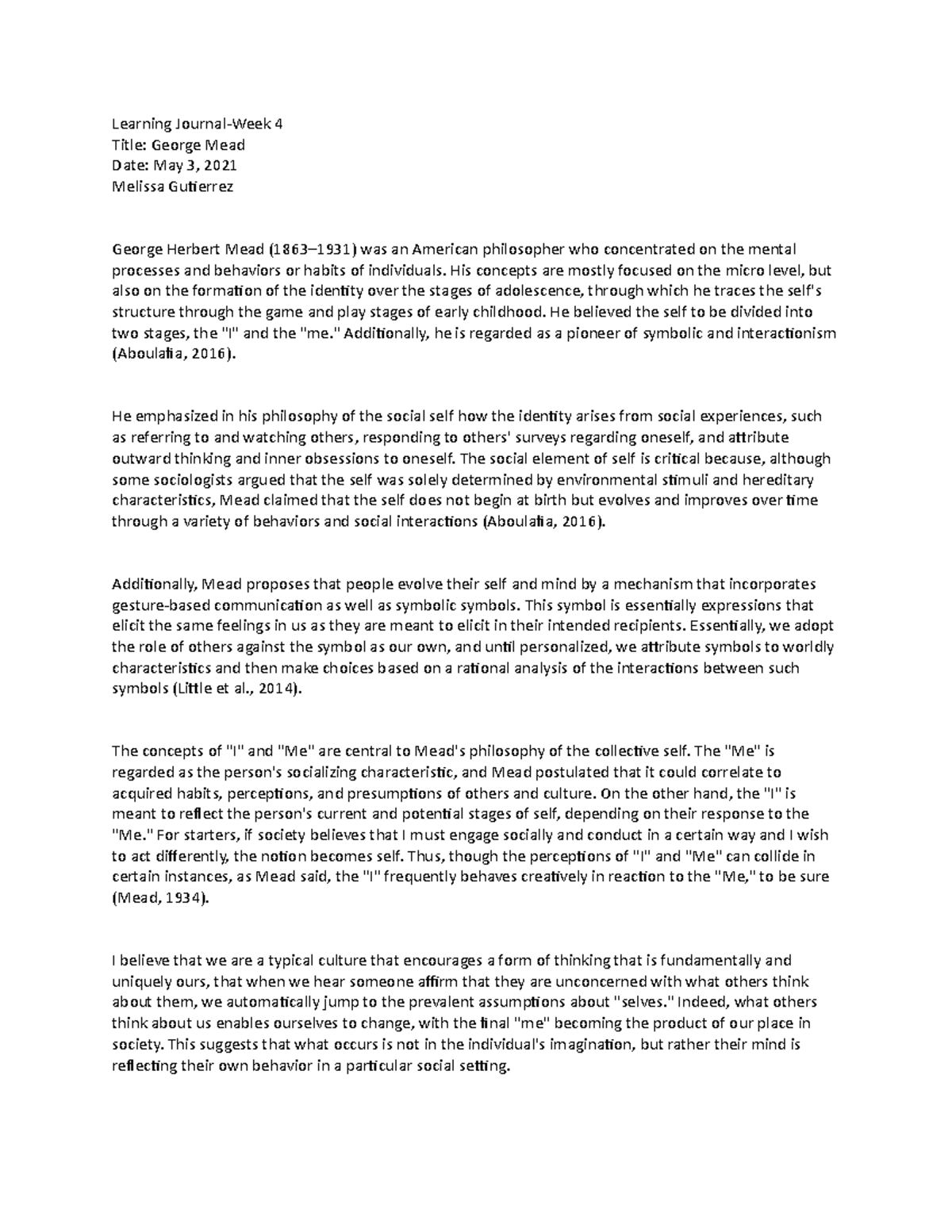 Unit 4-Learning Journal - Learning Journal-Week 4 Title: George Mead ...