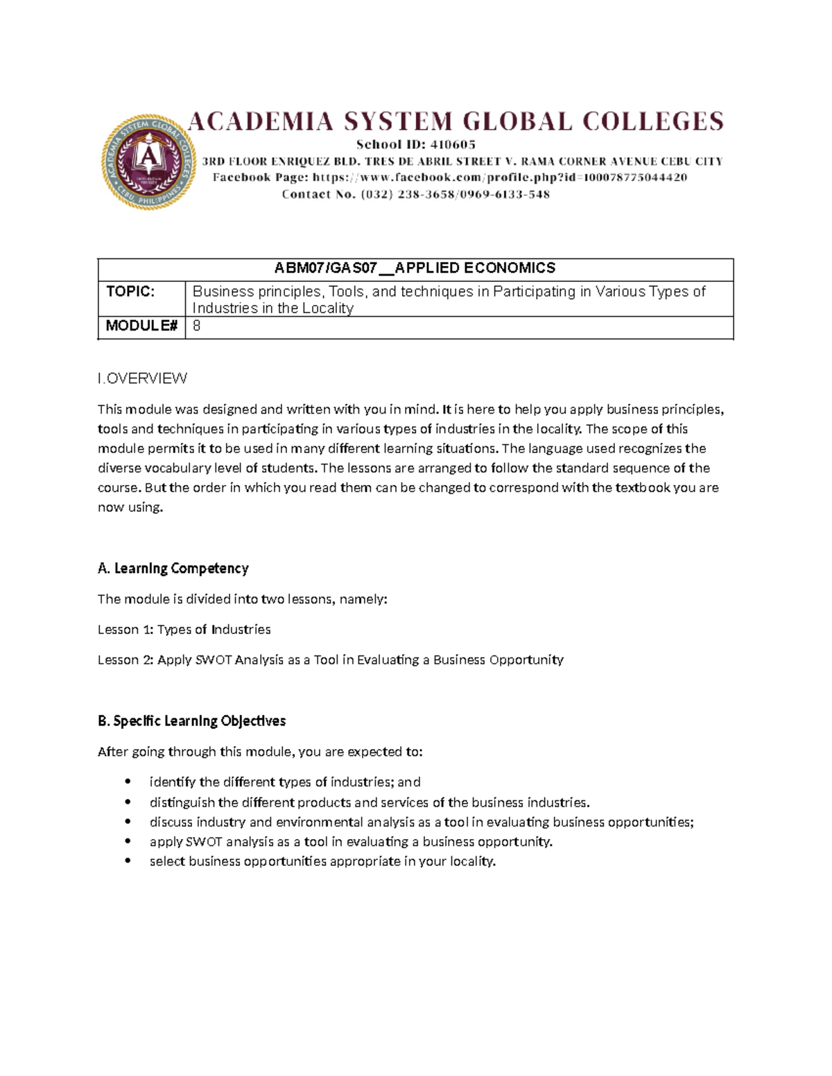 Appliedeconomics M8 - MODULE - ABM07/GAS07__APPLIED ECONOMICS TOPIC ...