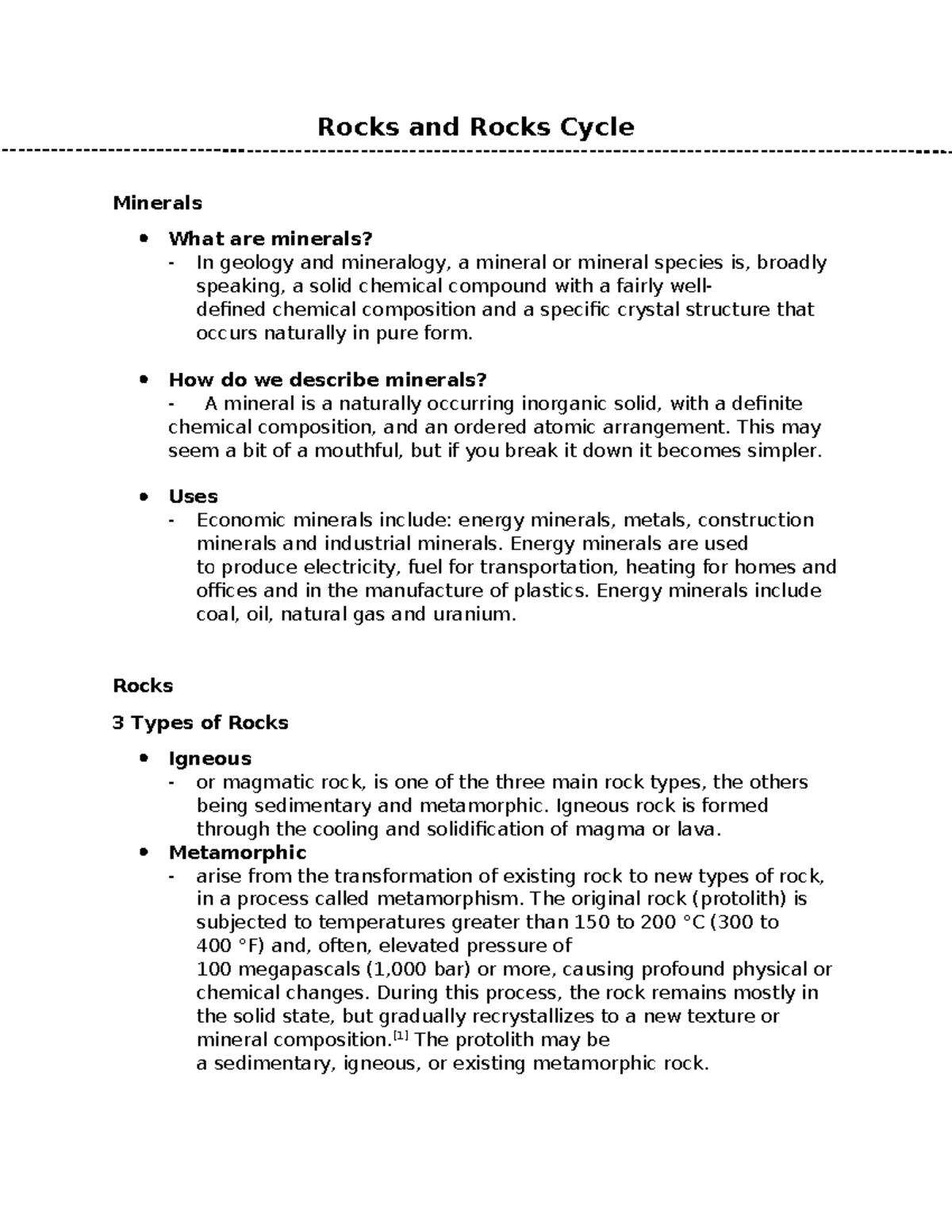 Notes on Minerals Rocks and Rocks Cycle - Rocks and Rocks Cycle ...