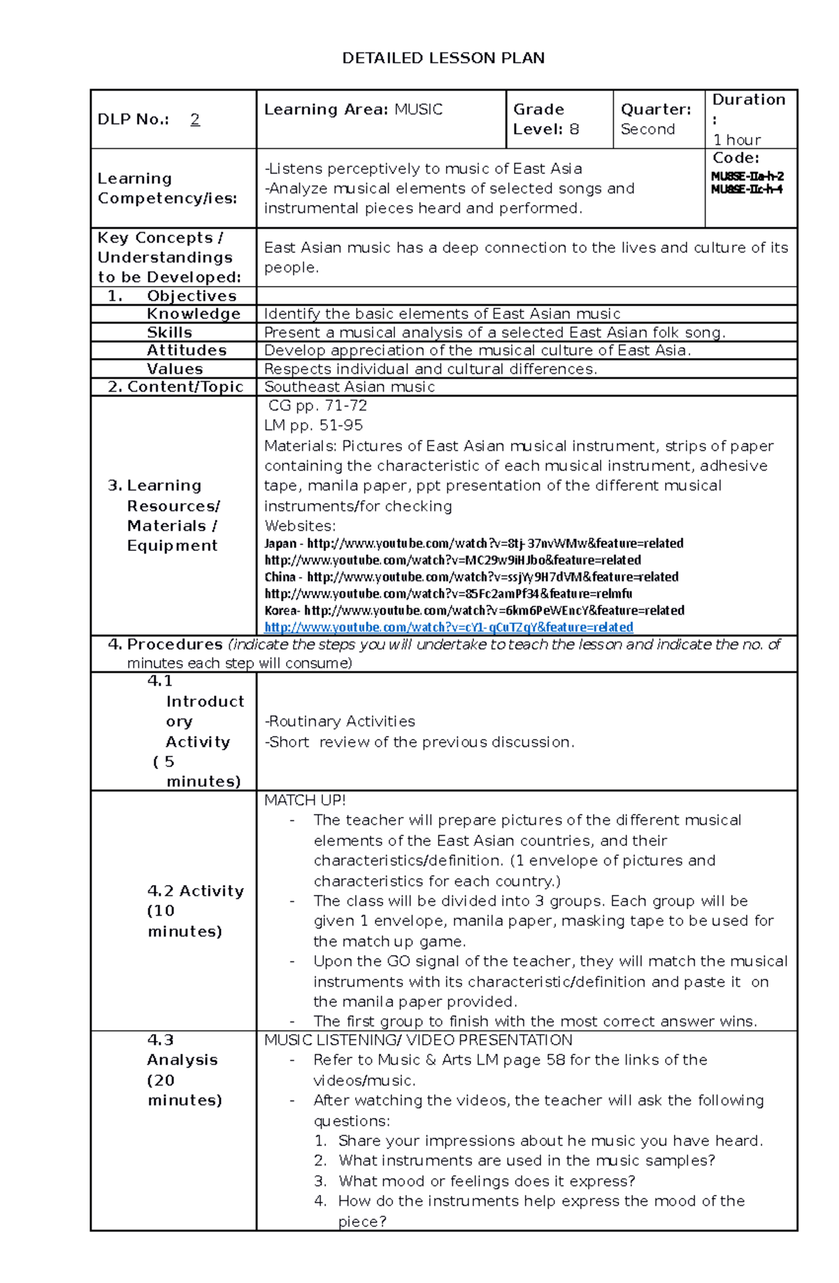 2 Music - DLP MAPEH 7 - DETAILED LESSON PLAN DLP No.: 2 Learning Area: MUSIC Grade Level: 8 ...