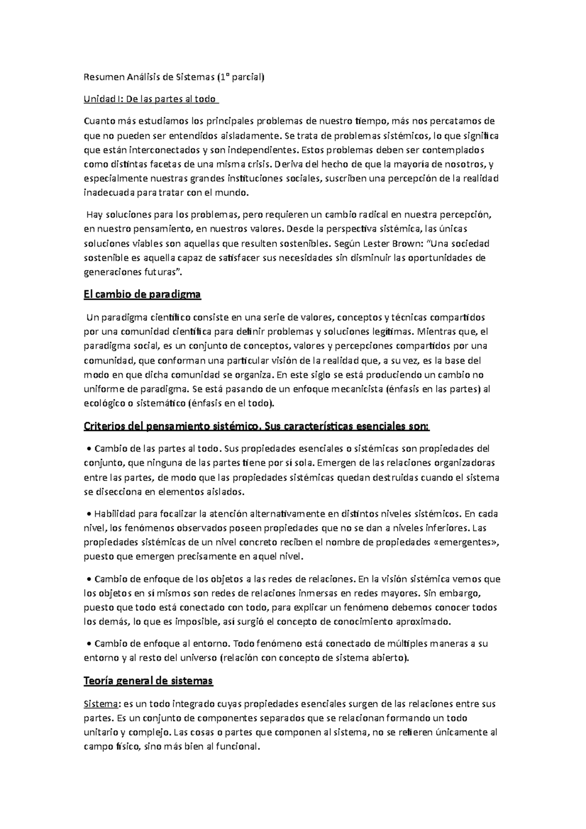 Resumen 1er parcial Analisis docx - Resumen Análisis de Sistemas (1° parcial) Unidad I: De las ...