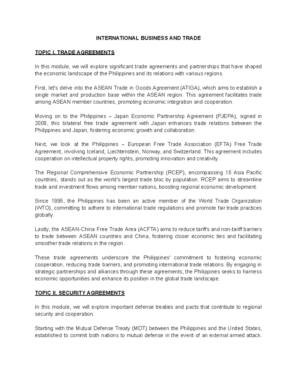 IBT Topic 1 and 2 - INTERNATIONAL BUSINESS AND TRADE TOPIC I. TRADE ...