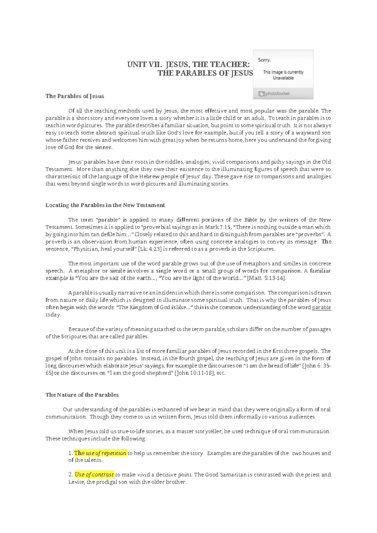 Jesus, THE Teacher The Parables of Jesus - UNIT VII. JESUS, THE TEACHER ...