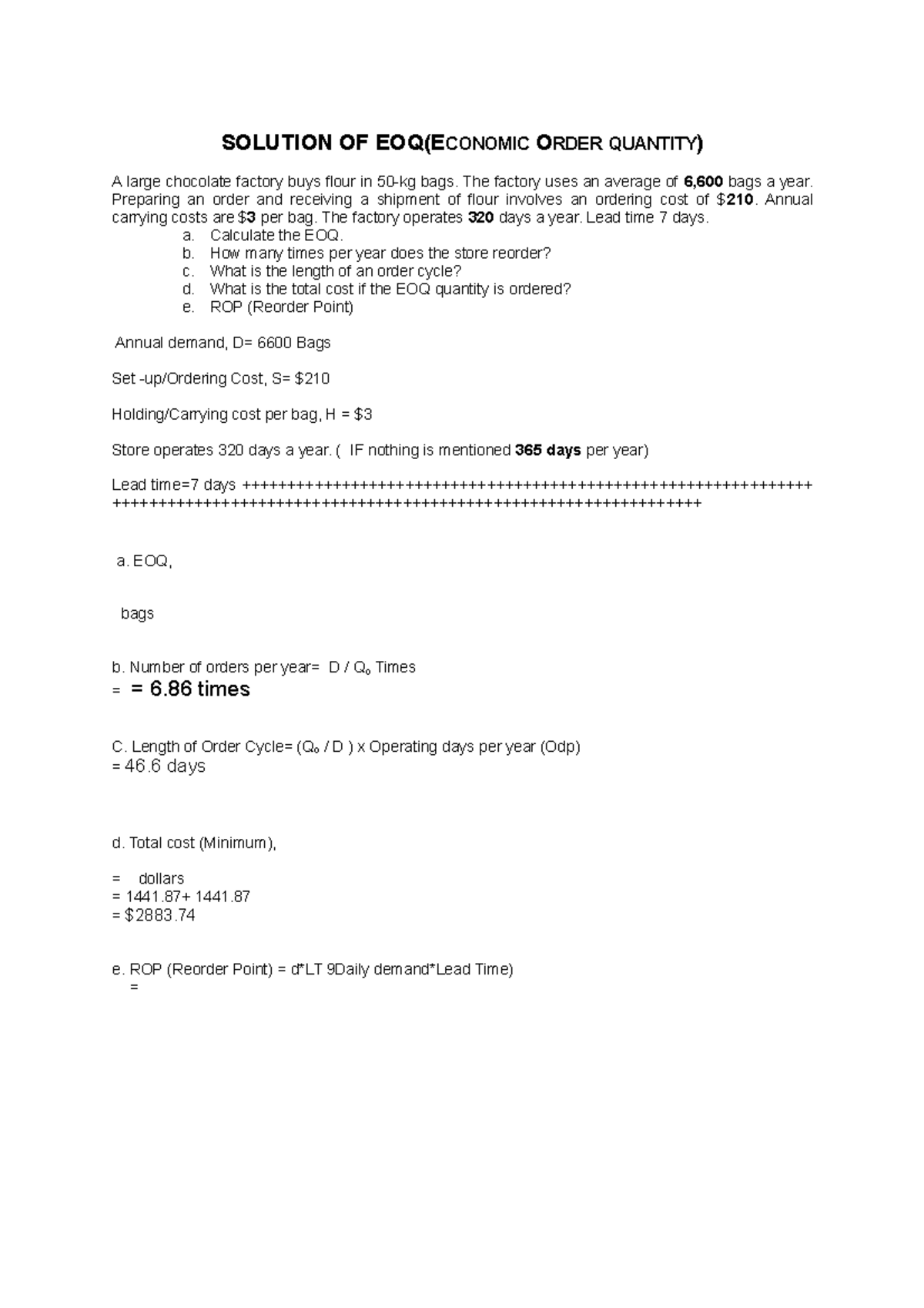 EM Solution of EOQ (Economic Order Quantity) - SOLUTION OF EOQ(ECONOMIC ORDER QUANTITY) A large ...