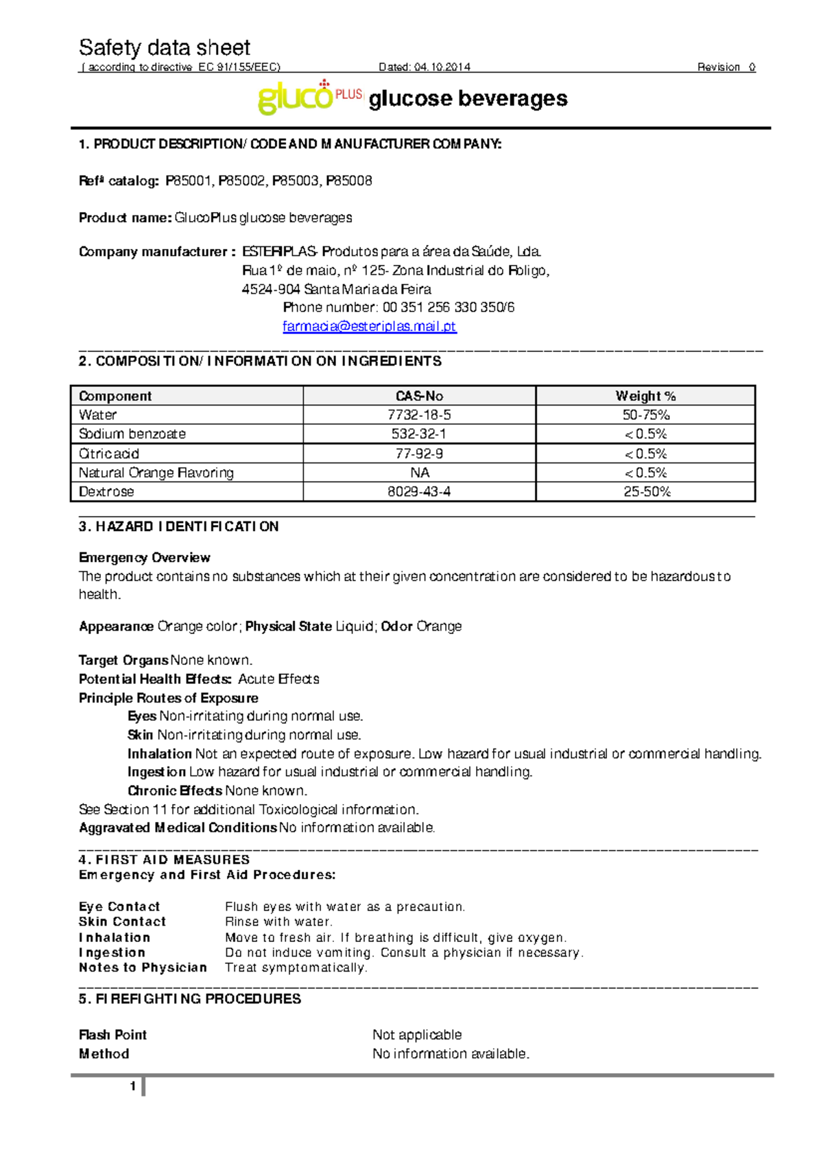 MSDS Glucoplus - glucose drinks - ( according to directive EC 91/155 ...