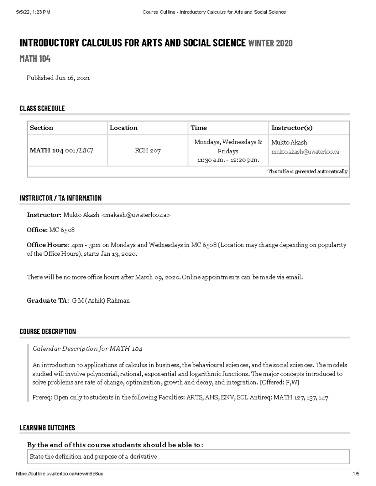 MATH 104 Course Outline - INTRODUCTORY CALCULUS FOR ARTS AND SOCIAL ...