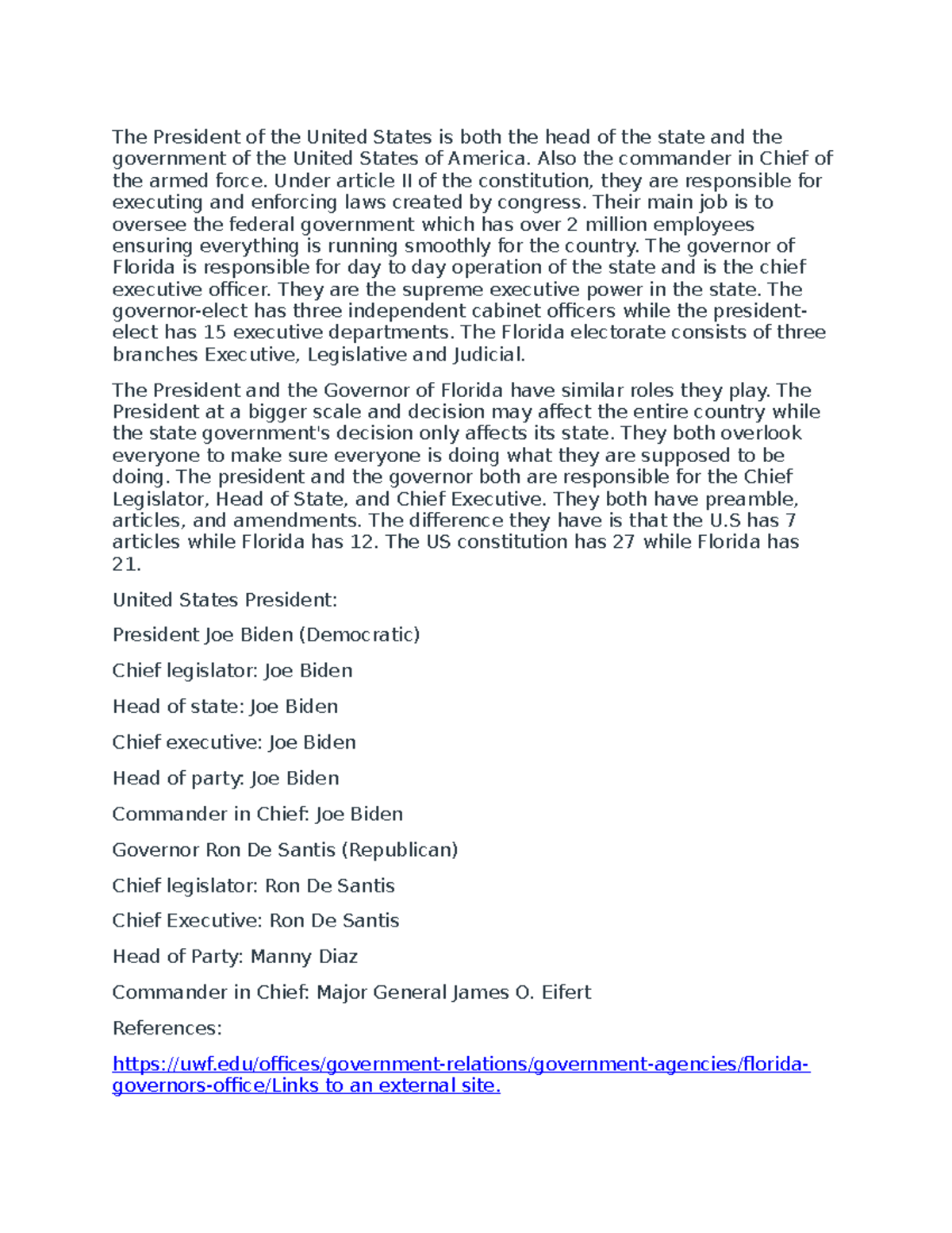President v governor - Assignment on comparing - The President of the ...