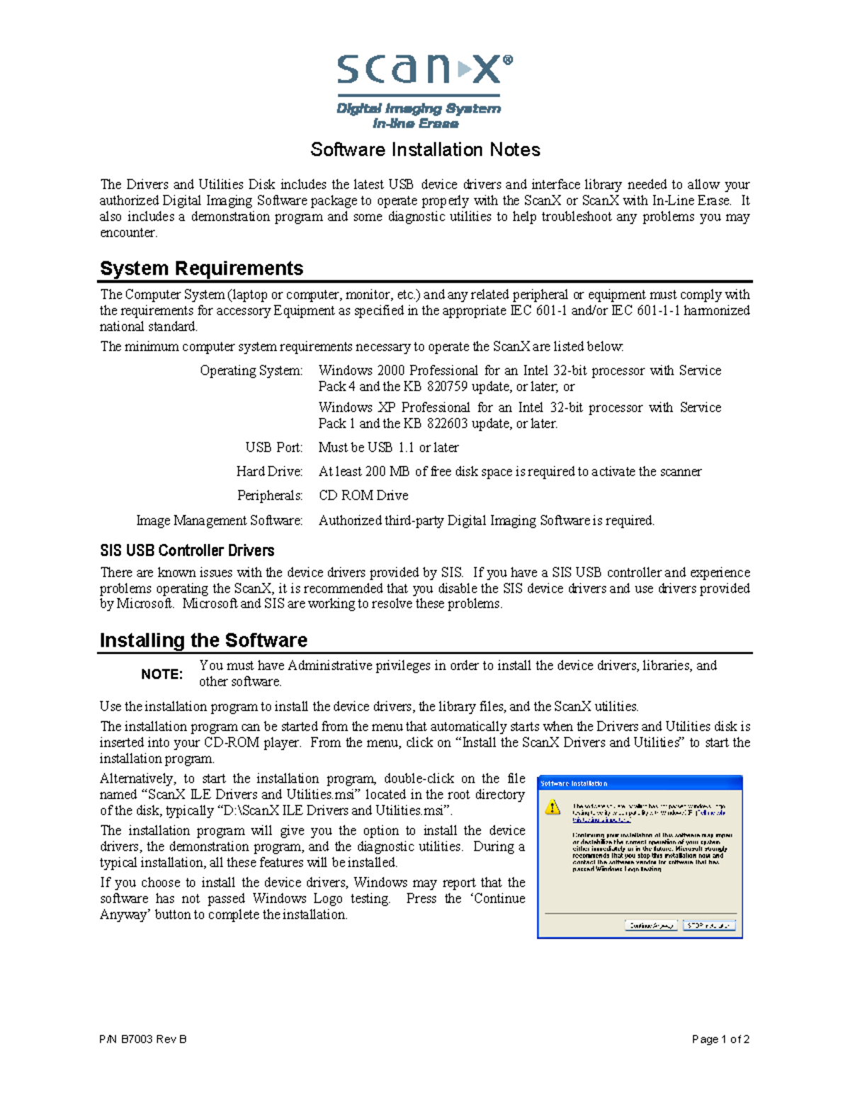Software Installation Notes B7003 Rev B - P/N B7003 Rev B Page 1 of 2 ...