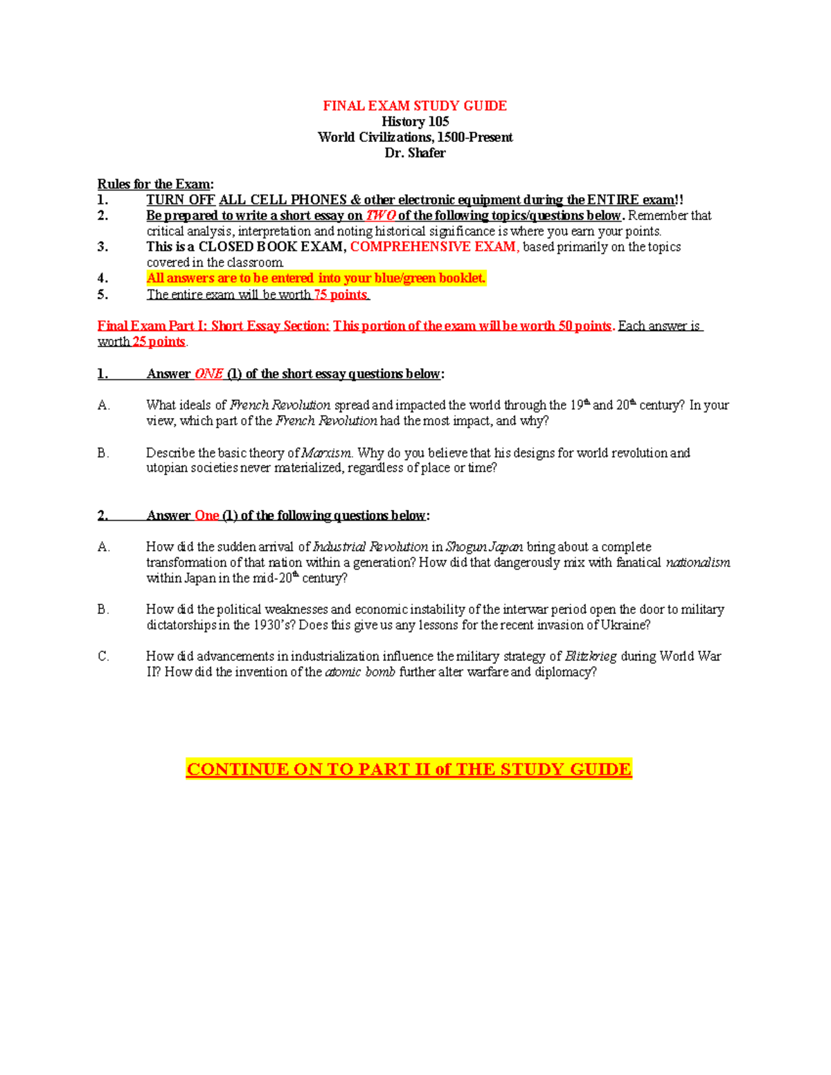 HST 105-Final Exam Study-1 - FINAL EXAM STUDY GUIDE History 105 World ...