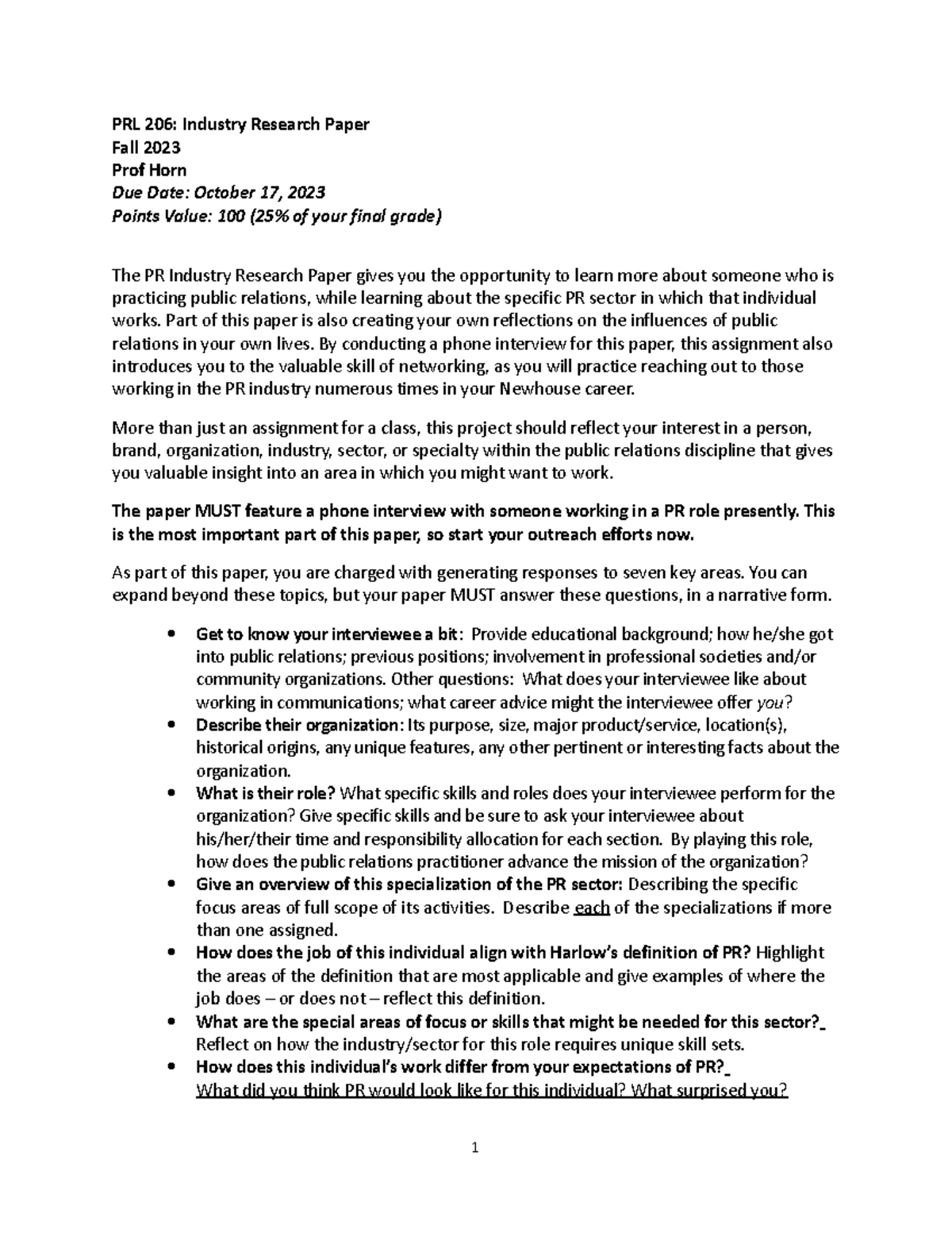 PR Essay Assignment - PRL 206: Industry Research Paper Fall 2023 Prof ...