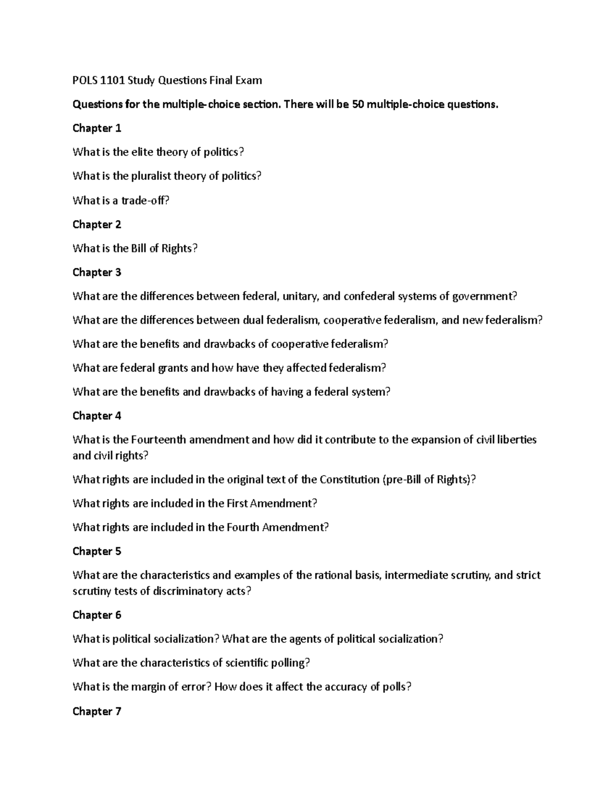 POLS 1101 Study Questions Final Exam - There will be 50 multiple-choice ...