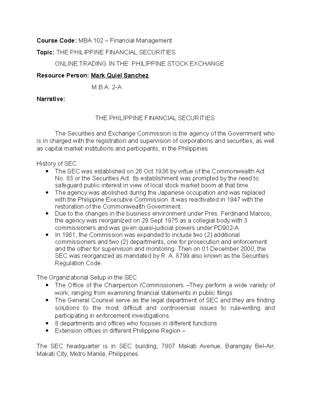 Sanchez 1st Set The Philippine Financial Environment - Course Code: MBA ...