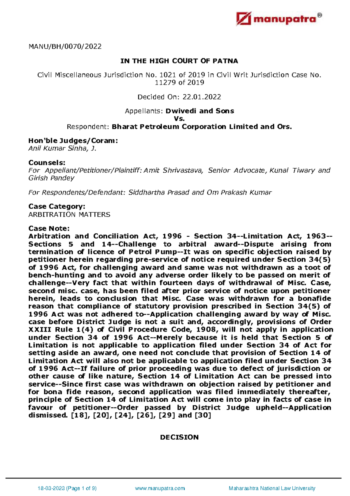 Dwivedi and Sons vs Bharat Petroleum Corporation LBH20223101221645139 ...