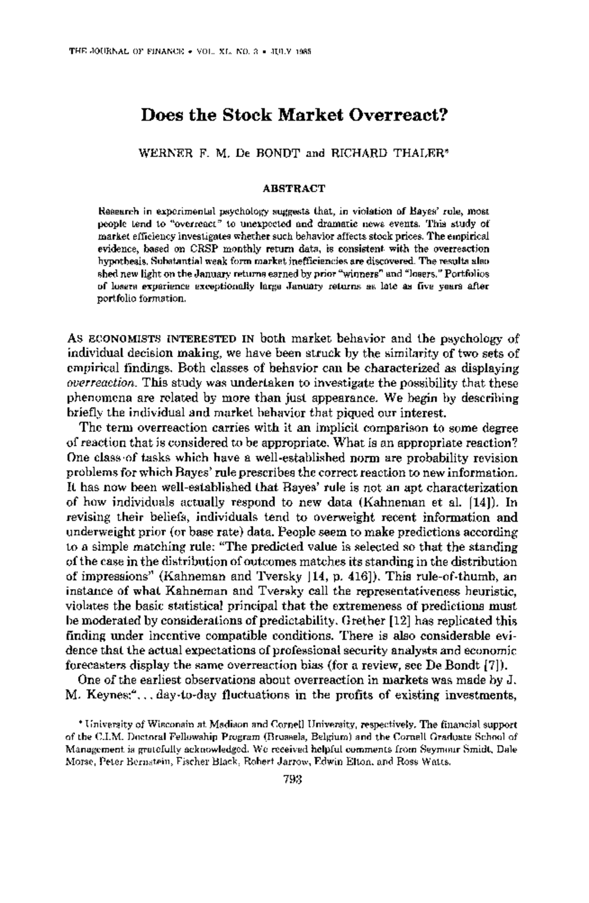 FIN 355 - De Bondt Thaler - THE .JOURNAL OF FINANCE. VOL. XL, NO. JULY ...