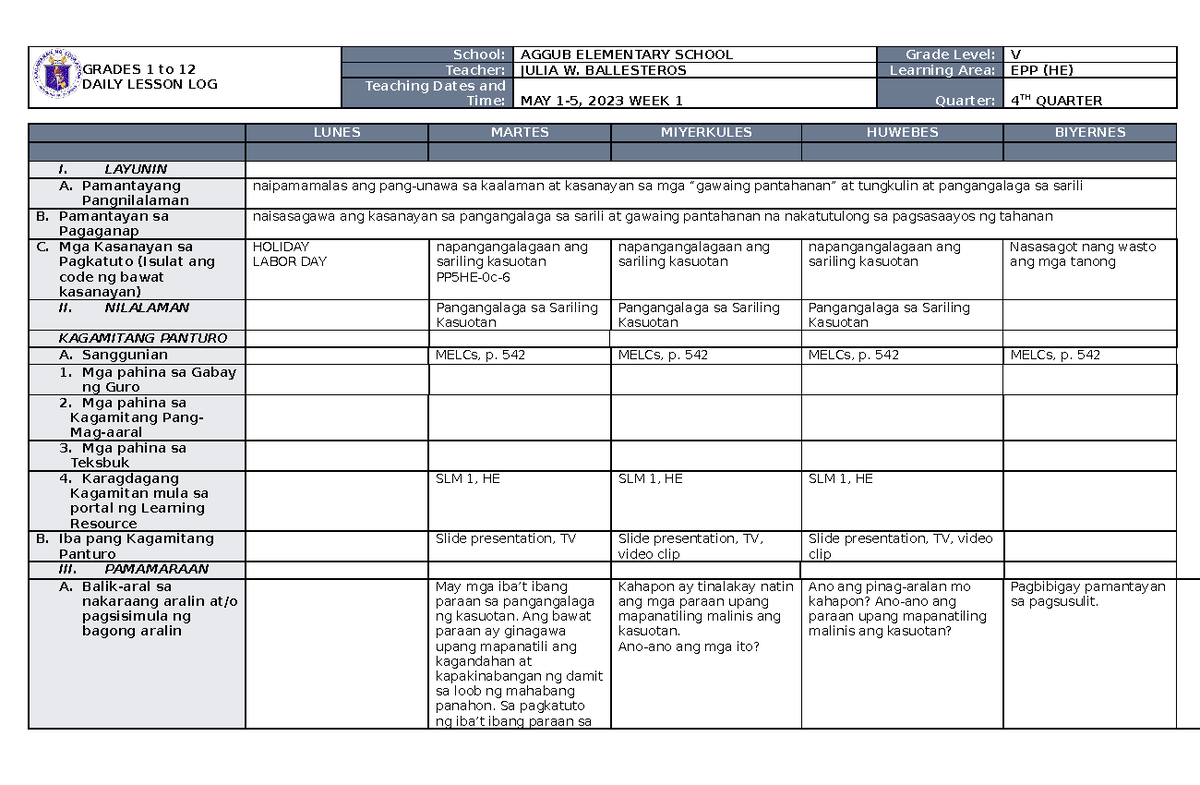DLL EPP HE W1 - DAILY LESSON LOG IN HE 5 - GRADES 1 to 12 DAILY LESSON ...