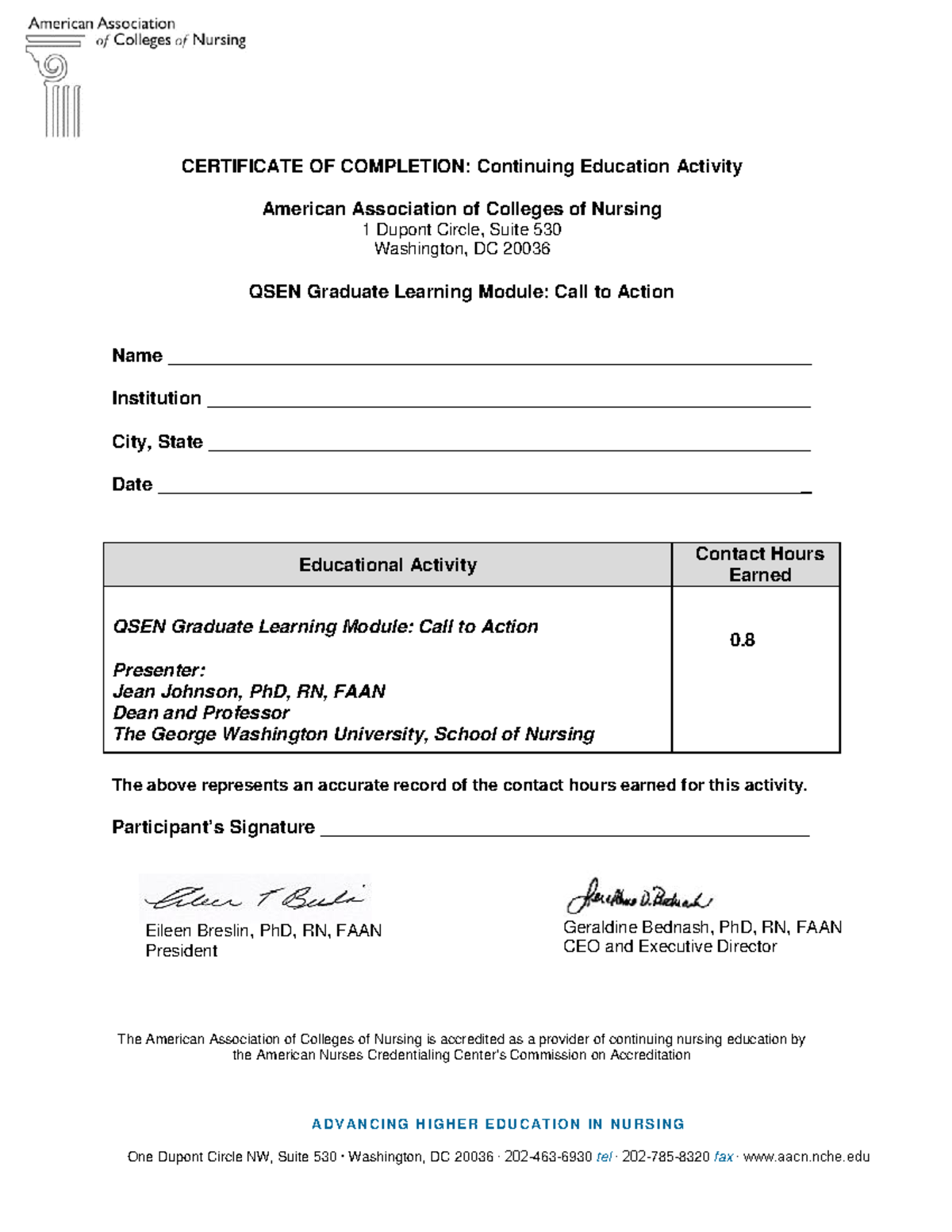 QSEN Certificate- Call to Action Grad Cont. Ed - CERTIFICATE OF ...