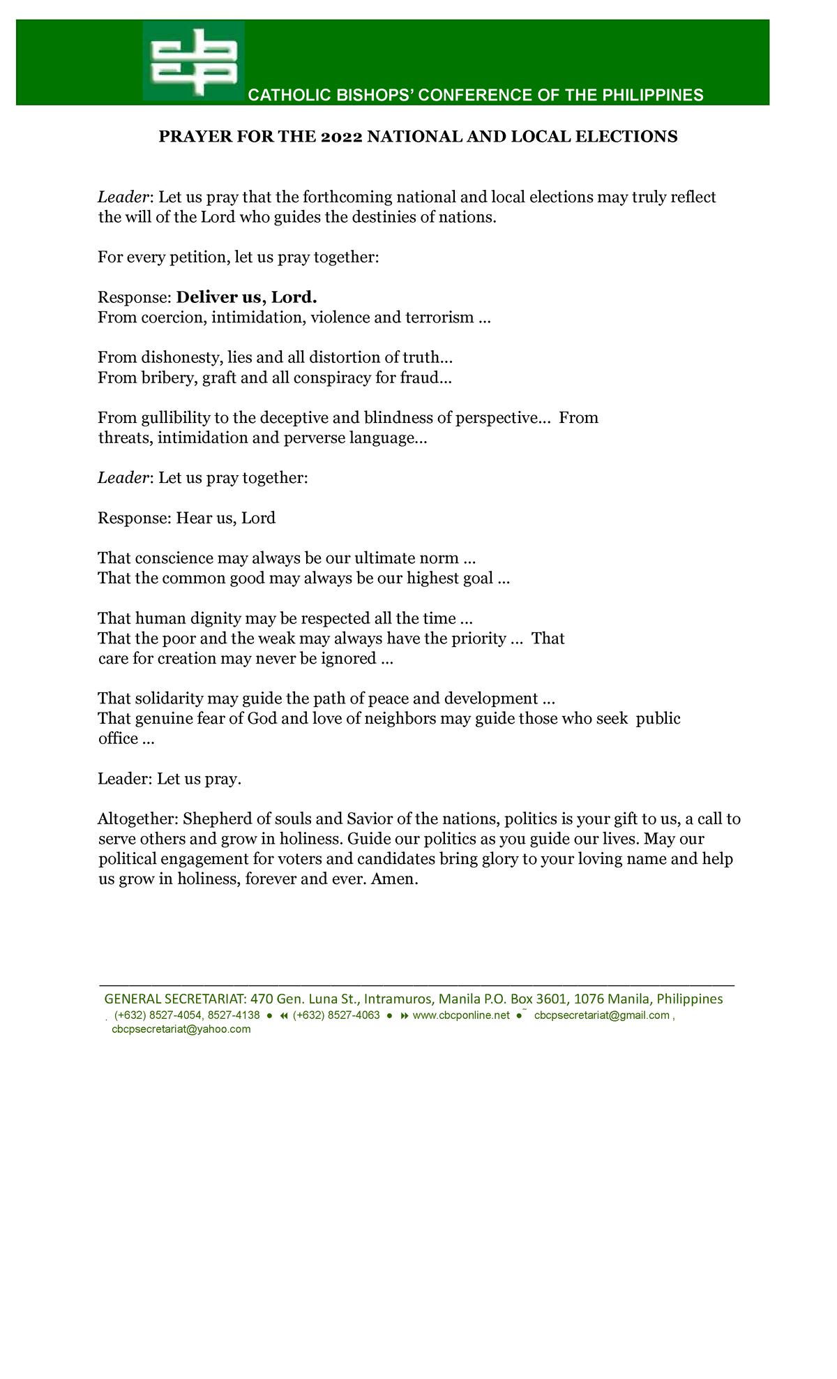 Prayer FOR THE 2022 National AND Local Elections - CATHOLIC BISHOPS ...