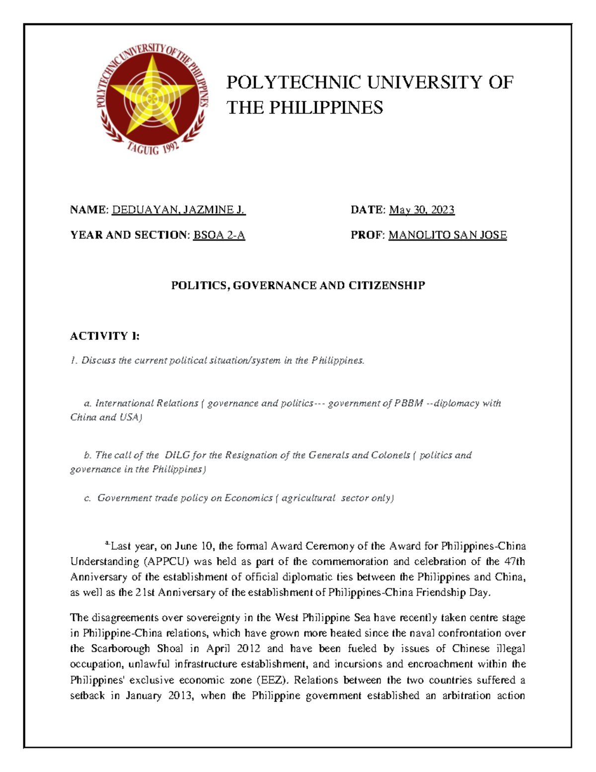 Reflection Polgov Deduayan Jazmine J - POLYTECHNIC UNIVERSITY OF THE ...