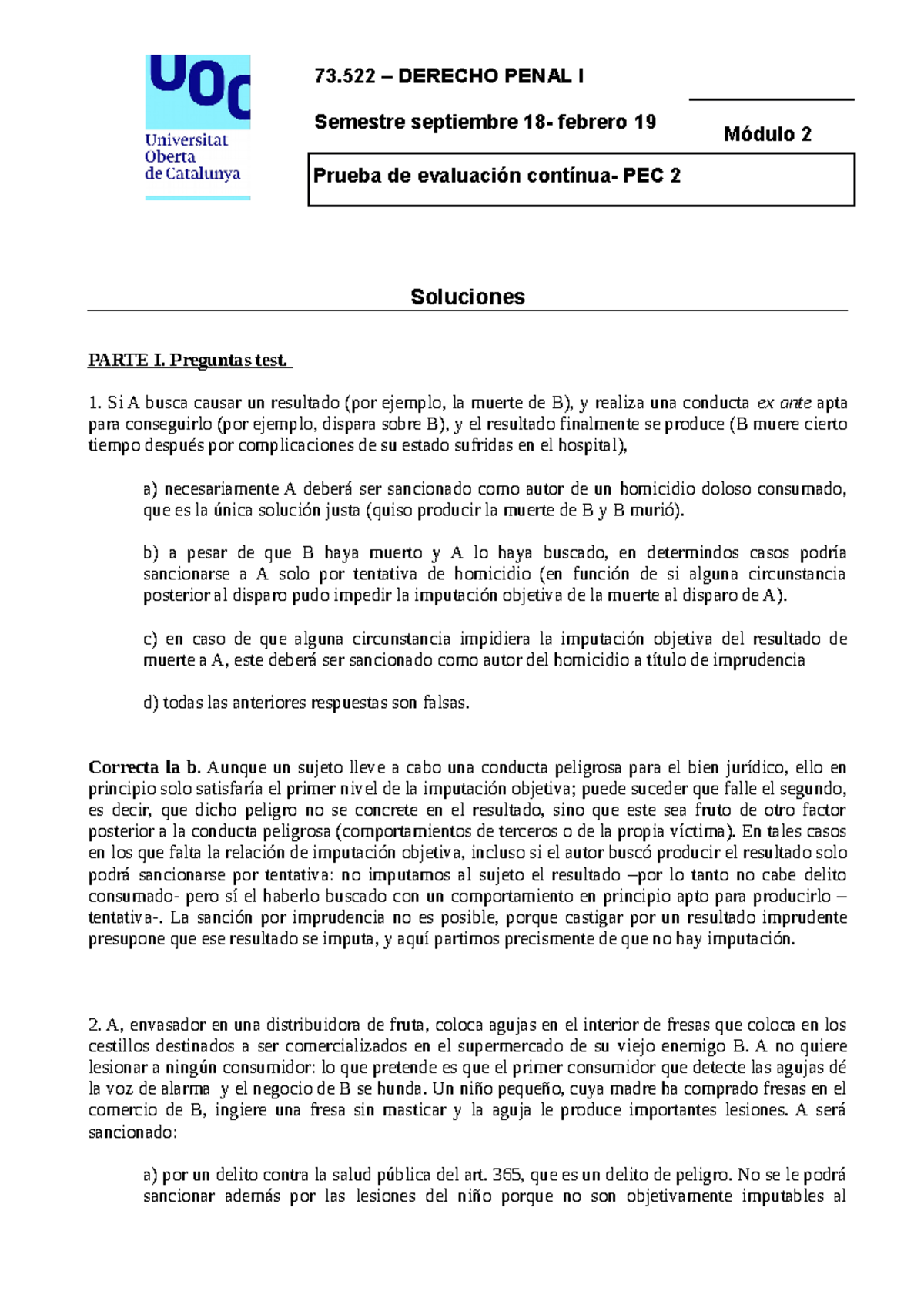 PEC 2 Soluciones - Derecho penal I - 73.522 - UOC - StuDocu