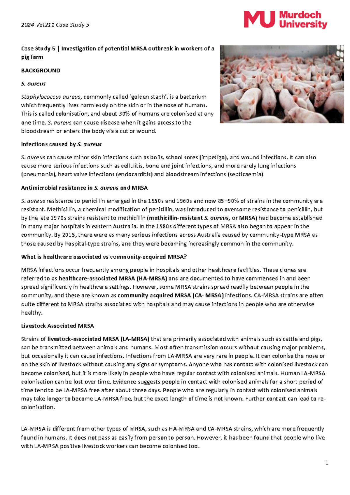 2024 VET211 Case Study 5 Final - Case Study 5 | Investigation of potential MRSA outbreak in ...